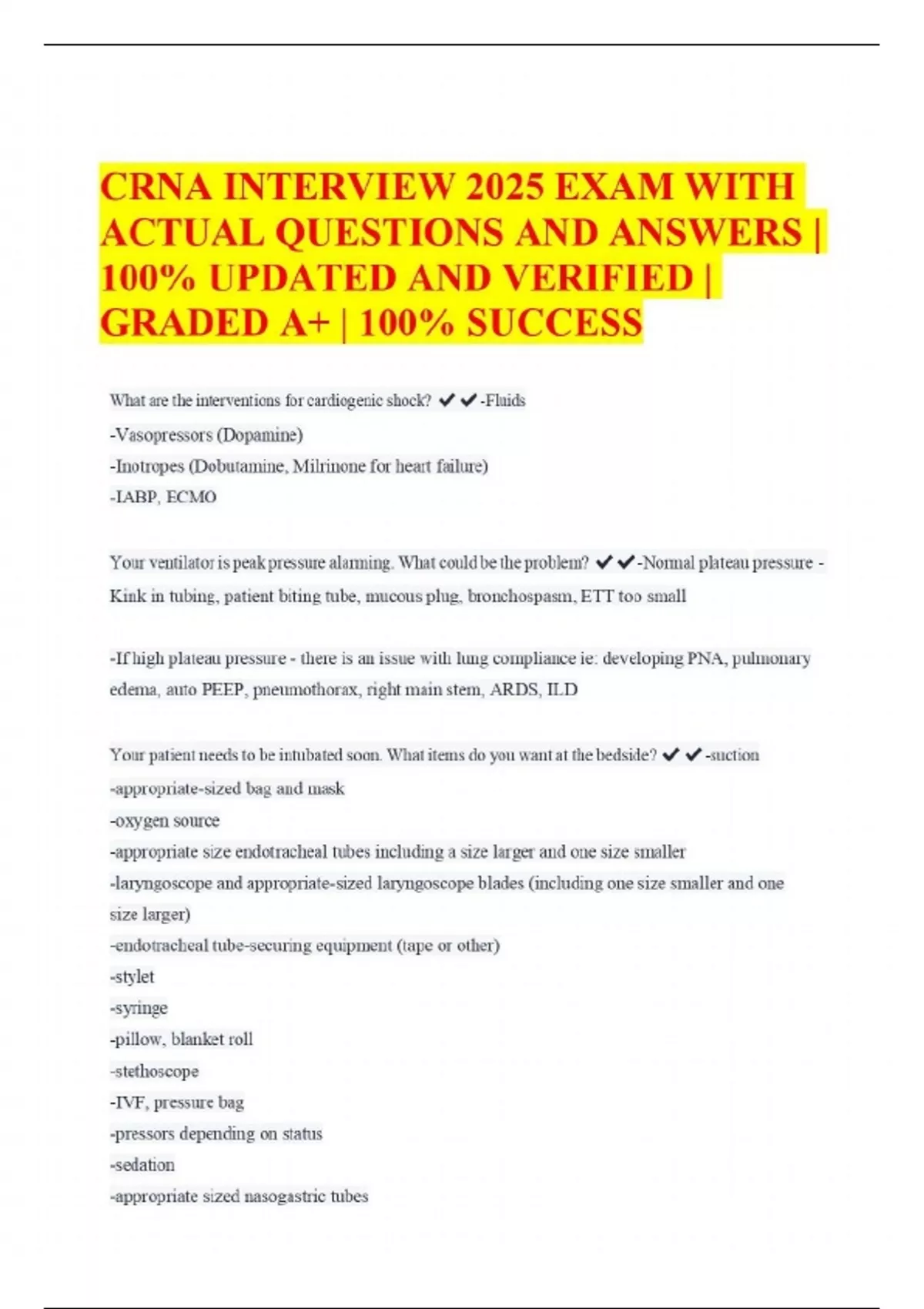 CRNA INTERVIEW 2025 EXAM WITH ACTUAL QUESTIONS AND ANSWERS | 100% UPDATED AND VERIFIED | GRADED ...