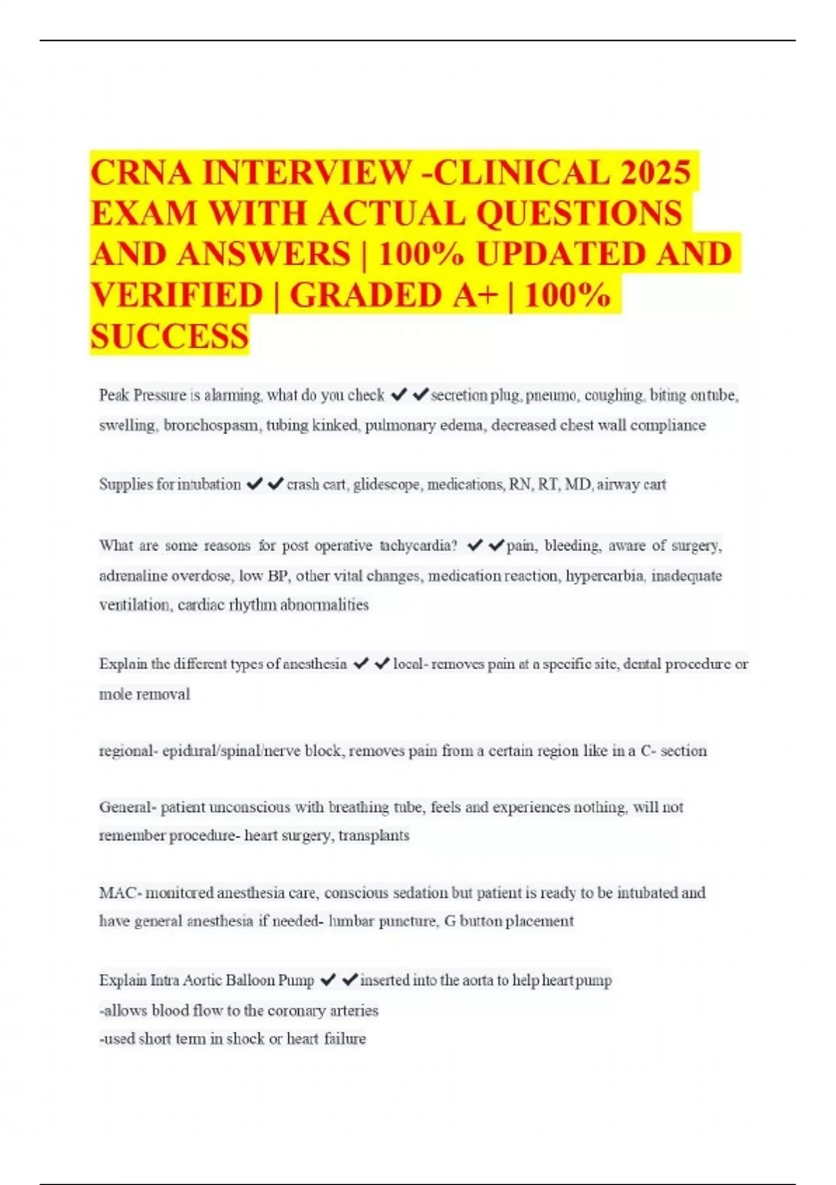CRNA INTERVIEW -CLINICAL 2025 EXAM WITH ACTUAL QUESTIONS AND ANSWERS | 100% UPDATED AND VERIFIED ...