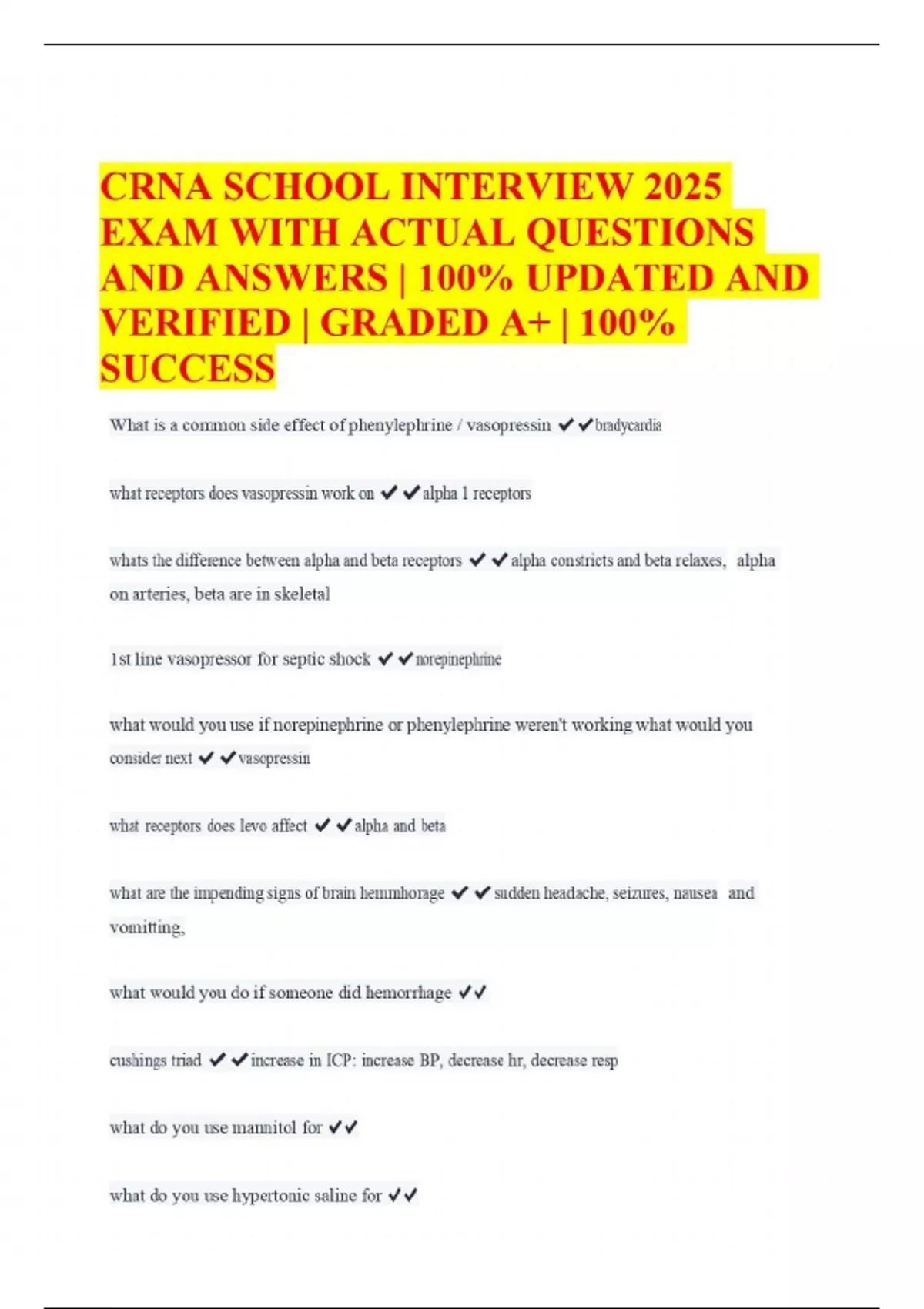 CRNA SCHOOL INTERVIEW 2025 EXAM WITH ACTUAL QUESTIONS AND ANSWERS | 100 ...