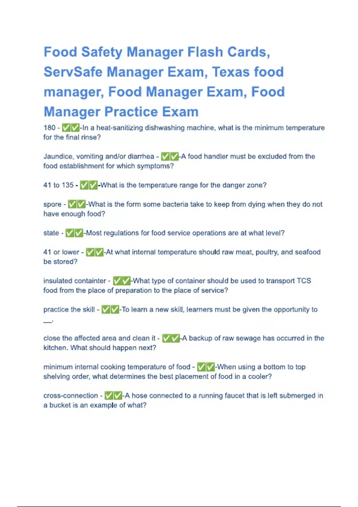 Food Safety Manager Flash Cards, ServSafe Manager Exam, Texas food ...