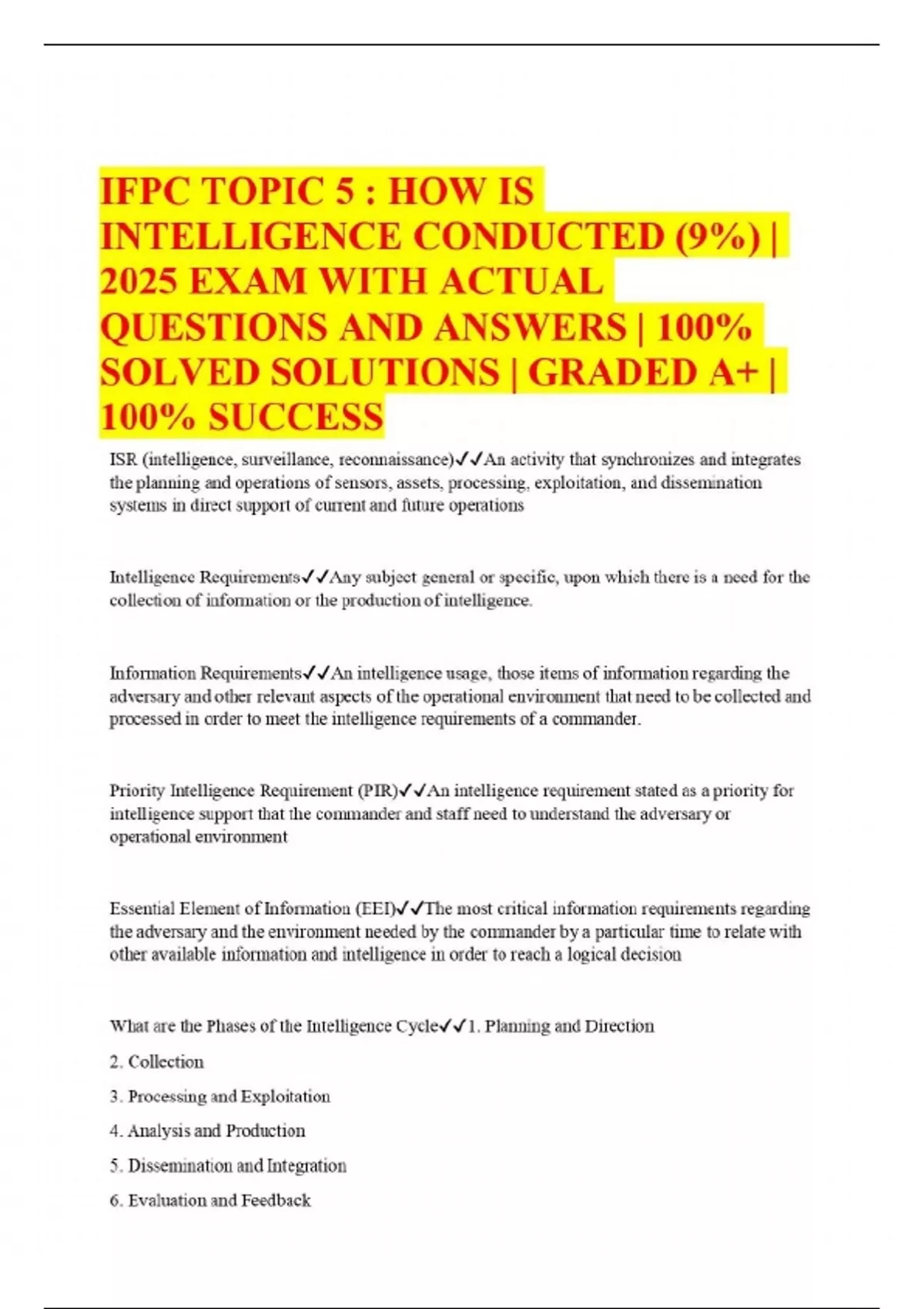 IFPC TOPIC 5 : HOW IS INTELLIGENCE CONDUCTED (9%) | 2025 EXAM WITH ACTUAL QUESTIONS AND ANSWERS ...