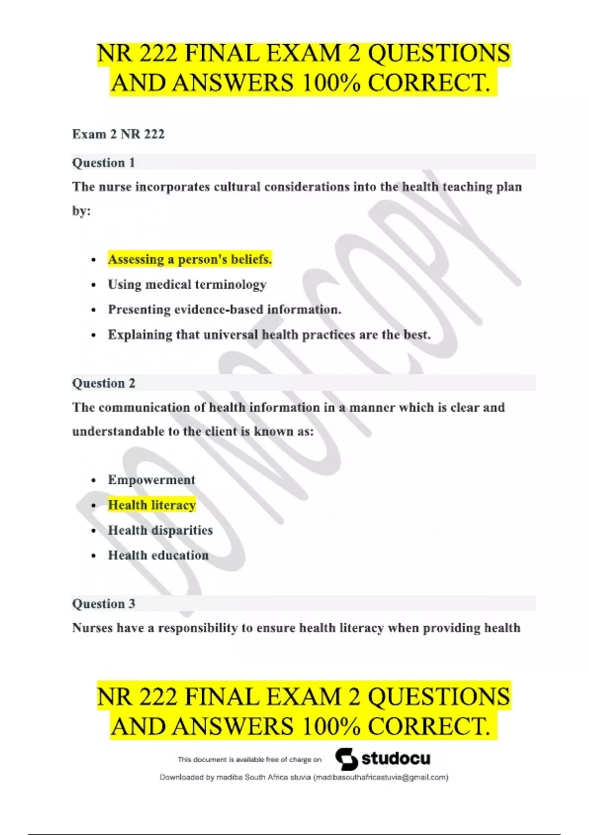 NR 222- EXAM 2 PRACTICE 2024 / 2025 GRADED A+ | Questions with Complete Solutions Graded A+ ...