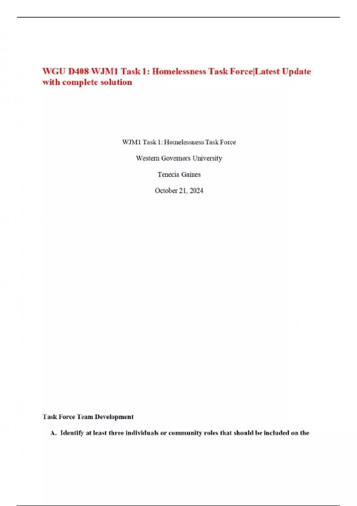 WGU D408 WJM1 Task 1: Homelessness Task Force|Latest Update with ...