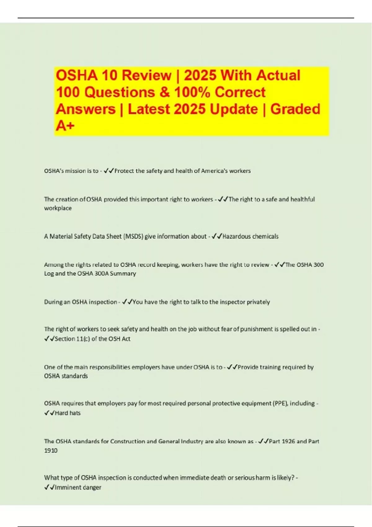 OSHA 10 Review | 2025 With Actual 100 Questions & 100% Correct Answers ...