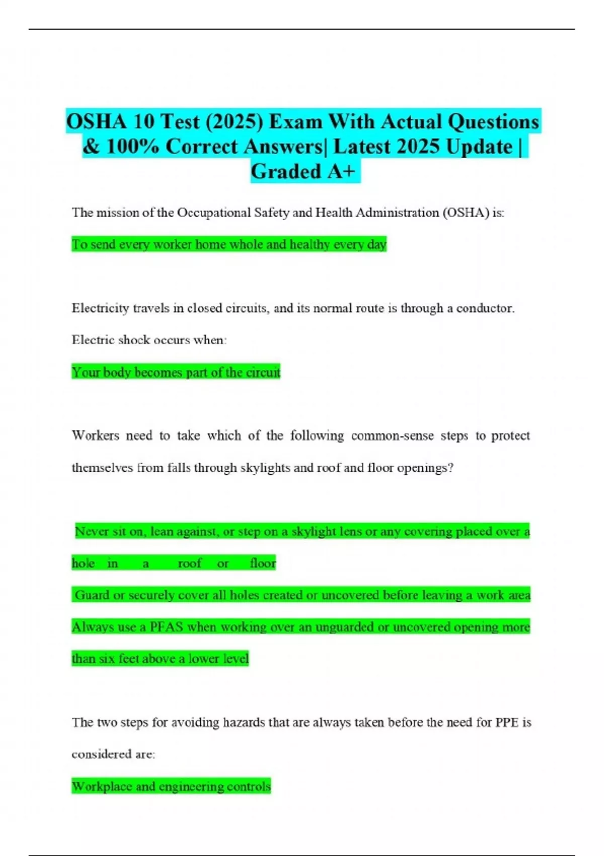 OSHA 10 Test (2025) Exam With Actual Questions & 100% Correct Answers ...