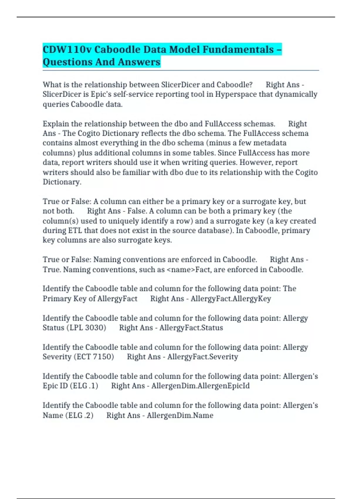 CDW110v Caboodle Data Model Fundamentals – Questions And Answers ...