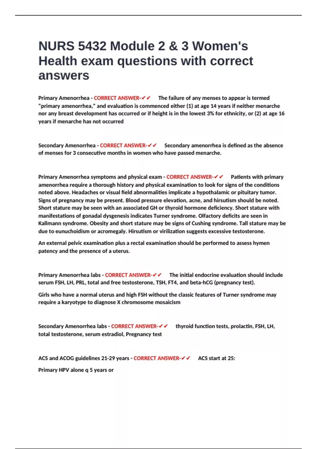 NURS 5432 Module 2 & 3 Women-s Health exam questions with correct answers - NURS 5432 - Stuvia US