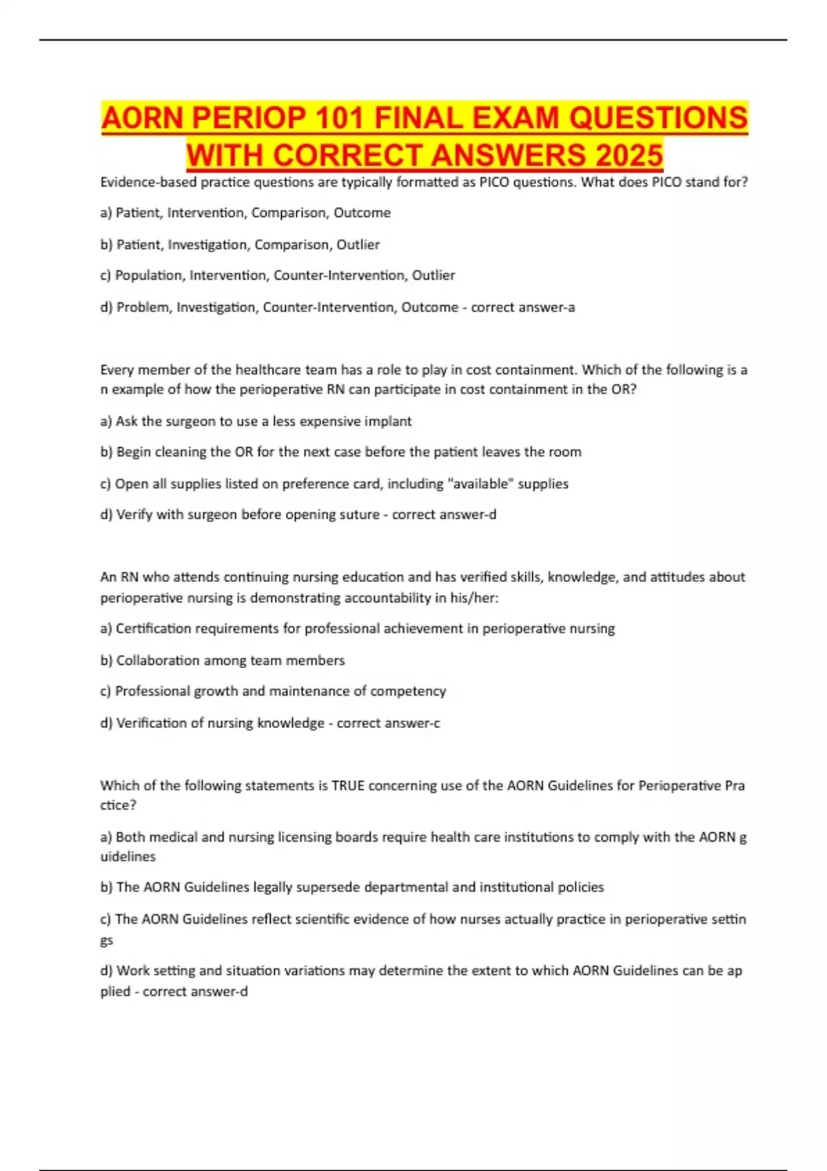 AORN PERIOP 101 FINAL EXAM QUESTIONS WITH CORRECT ANSWERS 2025. - AORN ...