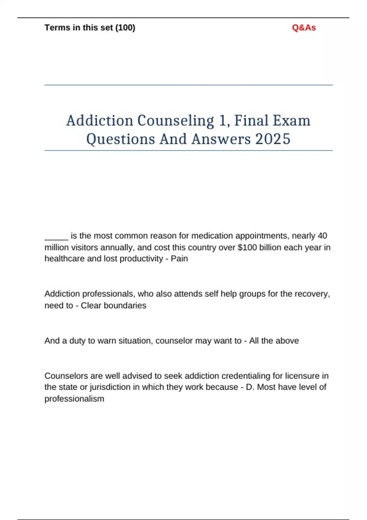 Addiction Counseling 1, Final Exam Questions And Answers 2025 ...
