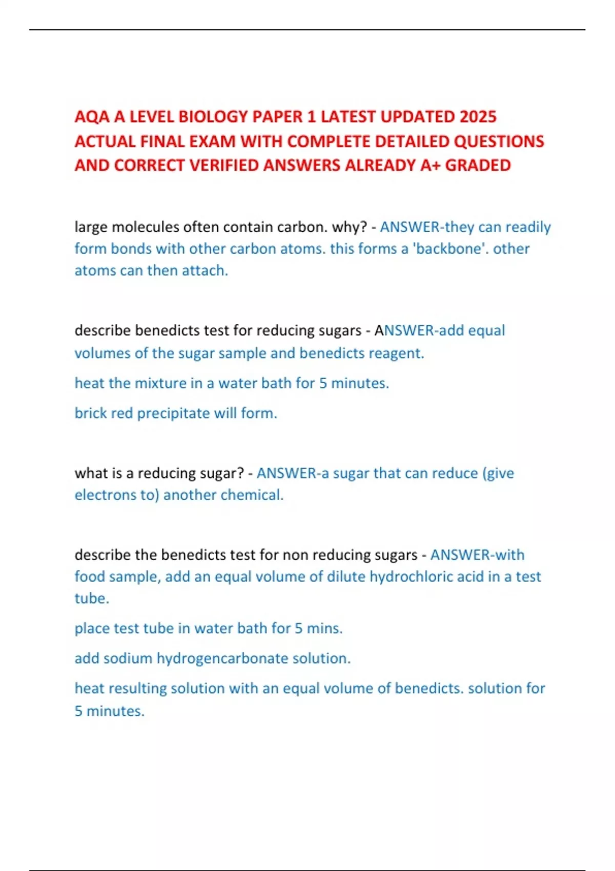 AQA A LEVEL BIOLOGY PAPER 1 LATEST UPDATED 2025 ACTUAL FINAL EXAM WITH ...