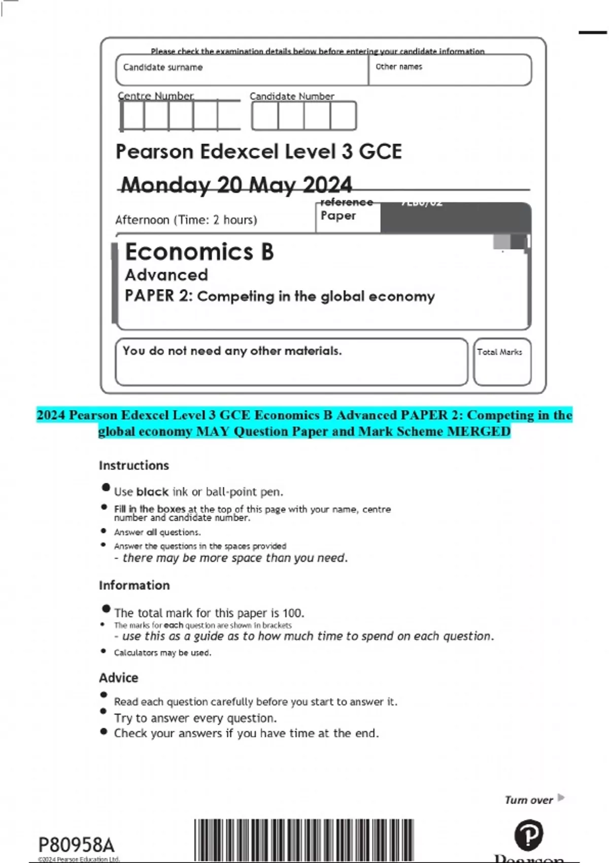 2024 Pearson Edexcel Level 3 GCE Economics B Advanced PAPER 2 ...