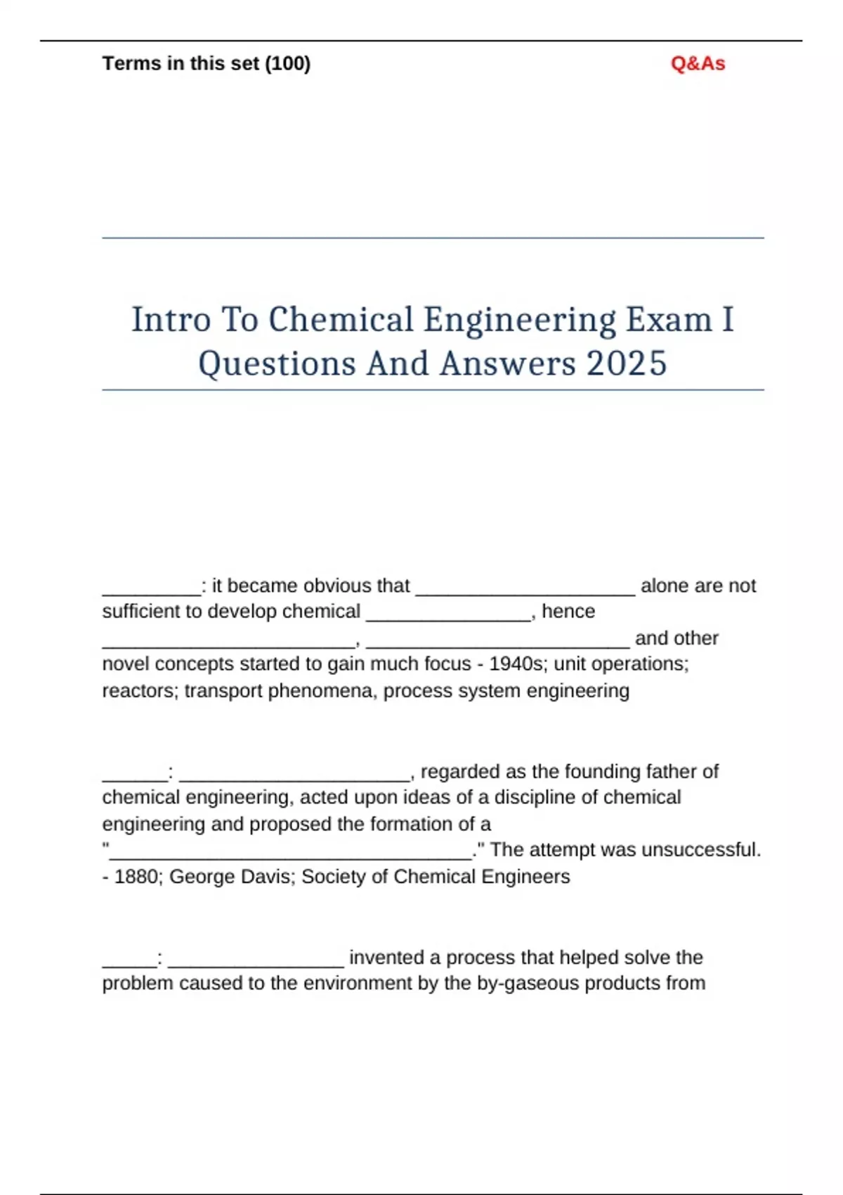 Intro To Chemical Engineering Exam I Questions And Answers 2025 ...
