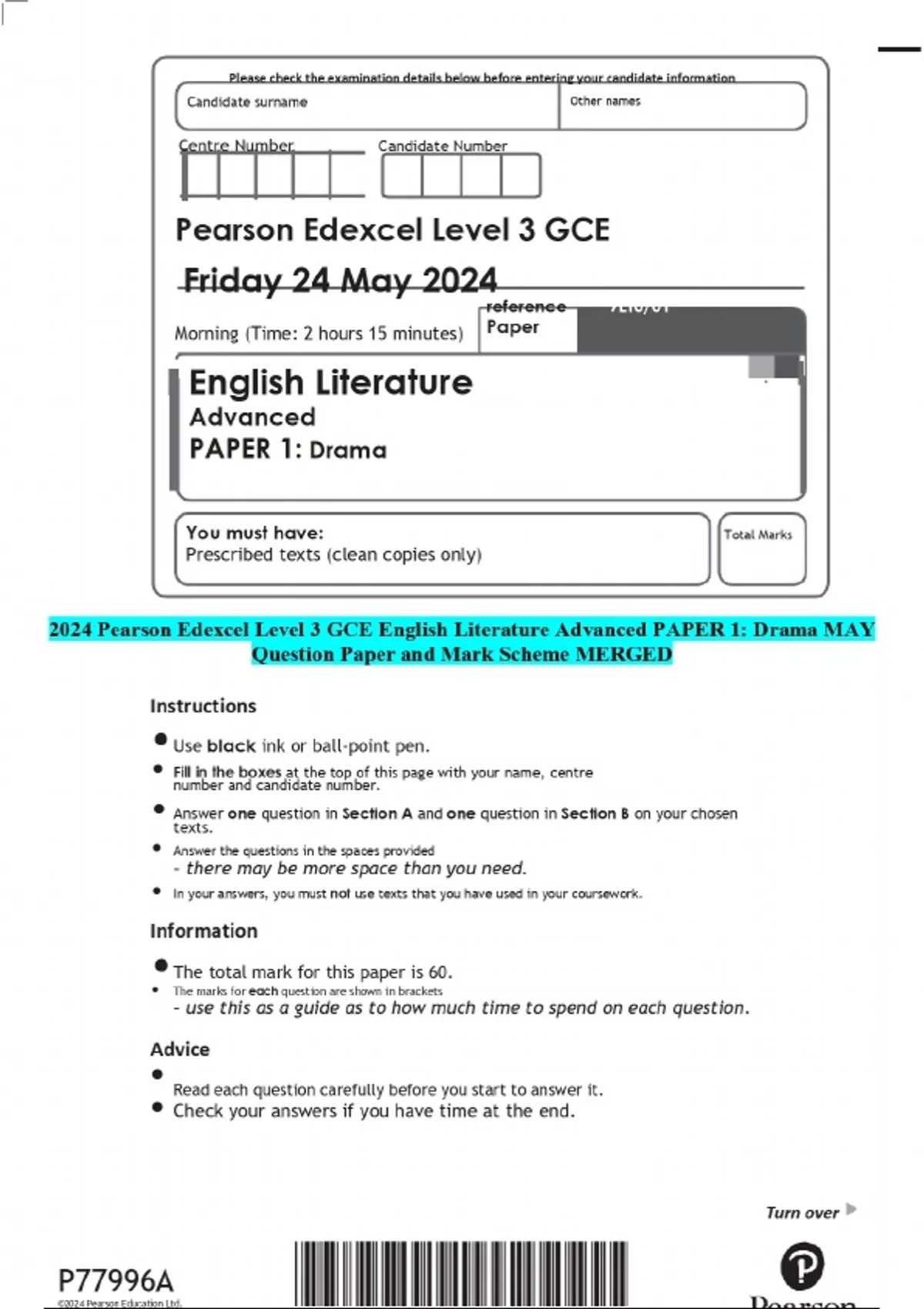 2024 Pearson Edexcel Level 3 GCE English Literature Advanced PAPER 1 ...