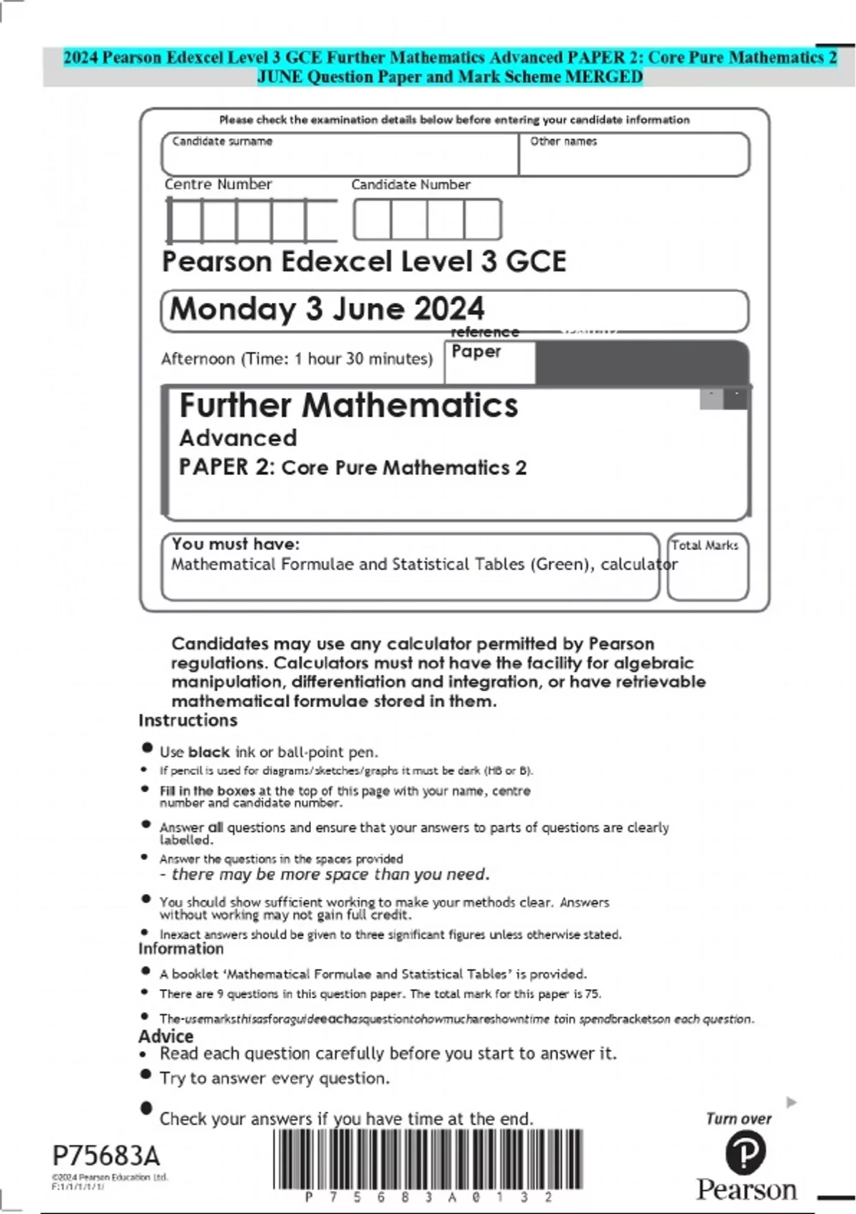 2024 Pearson Edexcel Level 3 GCE Further Mathematics Advanced PAPER 2 ...