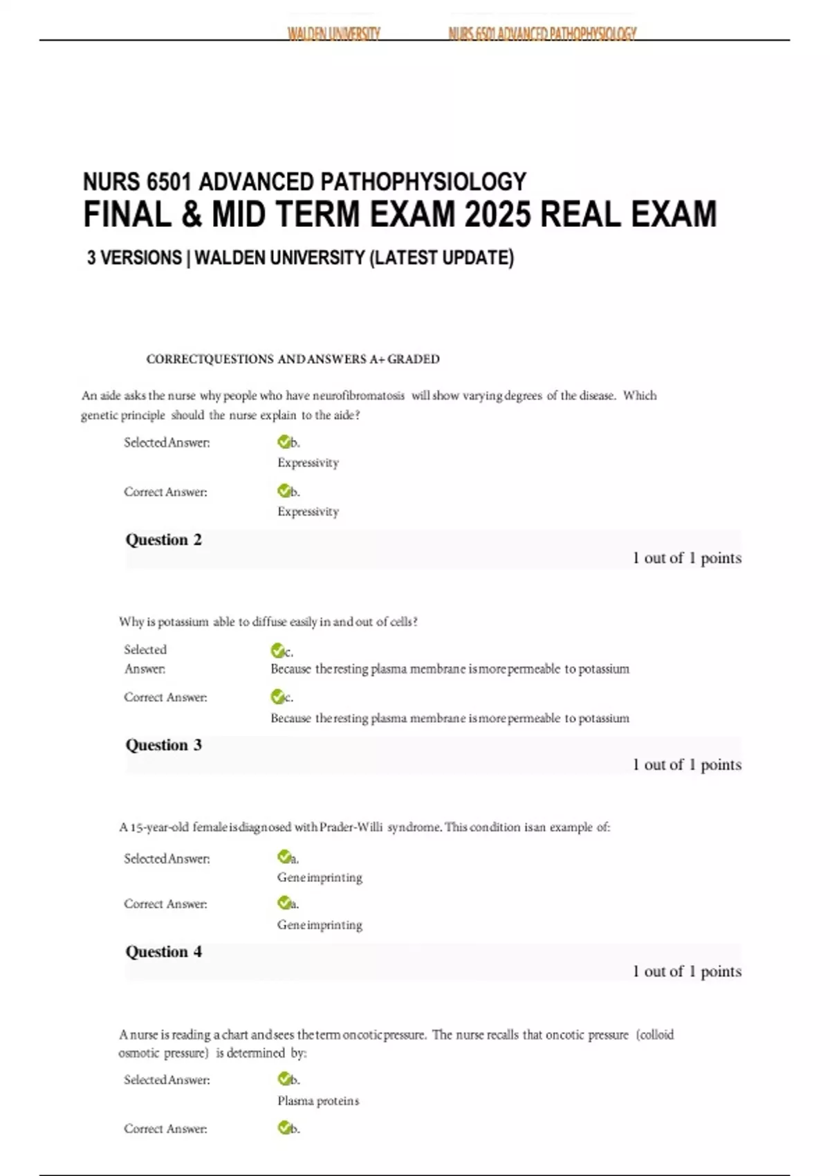 NURS 6501 ADVANCED PATHOPHYSIOLOGY FINAL AND MIDTERM 6501|3VERSIONS ...