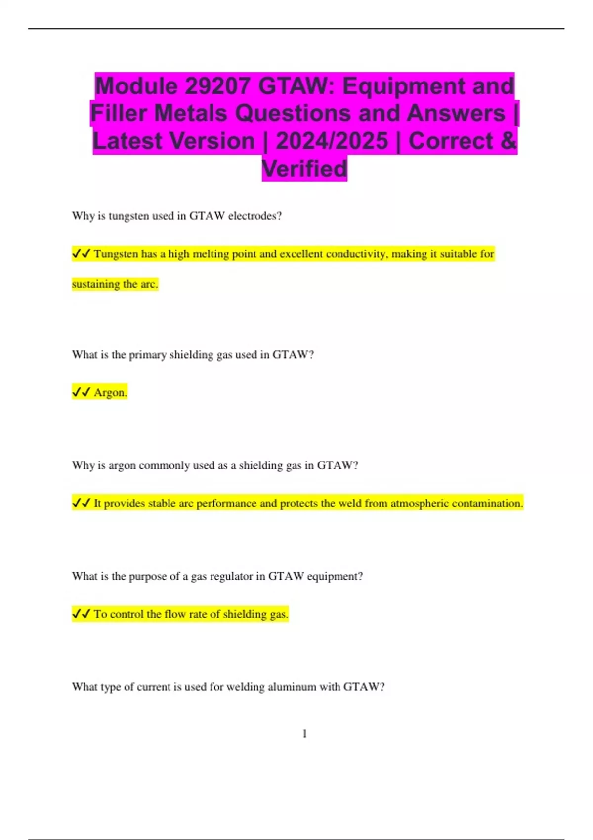 Module 29207 GTAW: Equipment and Filler Metals Questions and Answers ...