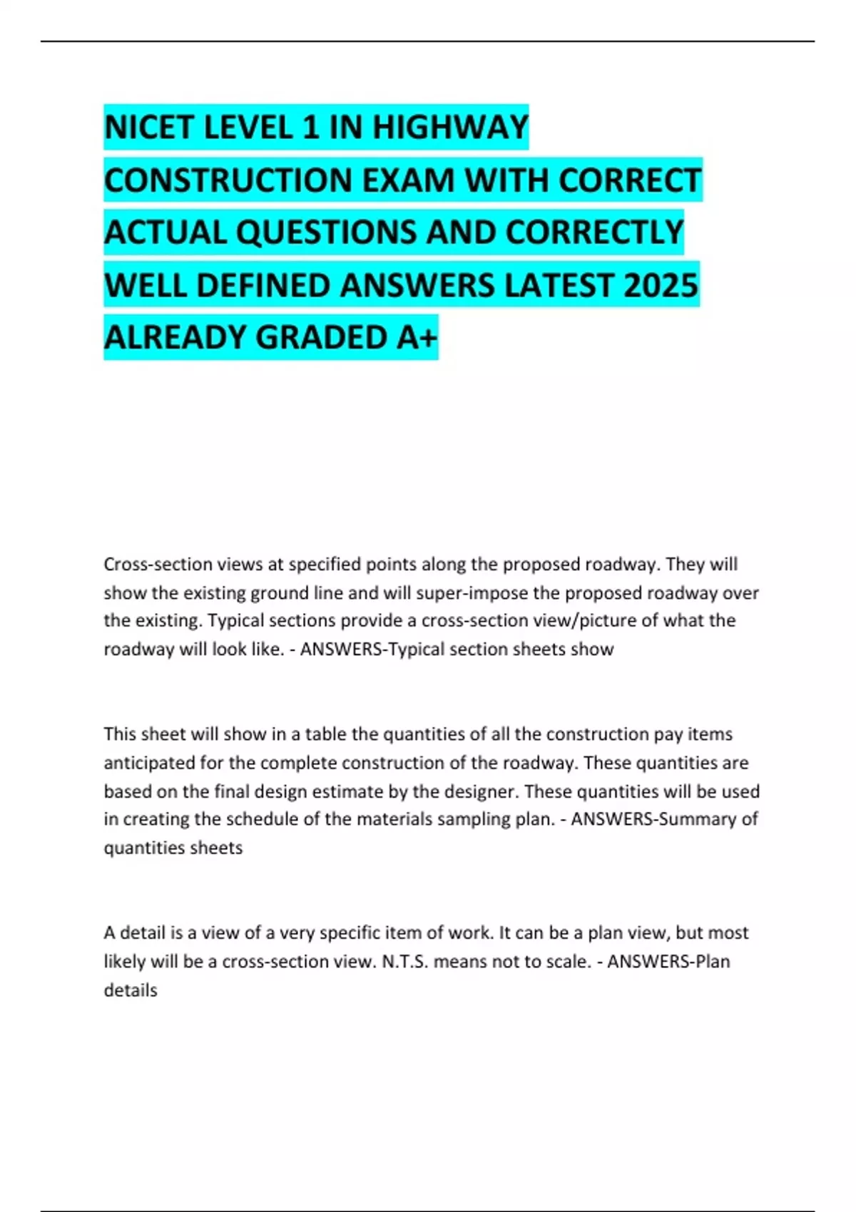 NICET LEVEL 1 IN HIGHWAY CONSTRUCTION EXAM WITH CORRECT ACTUAL ...