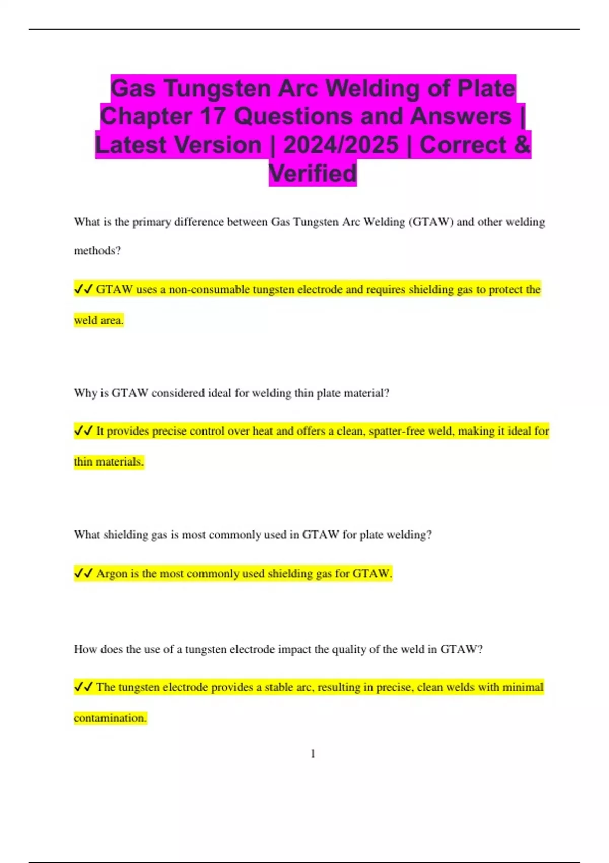 Gas Tungsten Arc Welding of Plate Chapter 17 Questions and Answers ...
