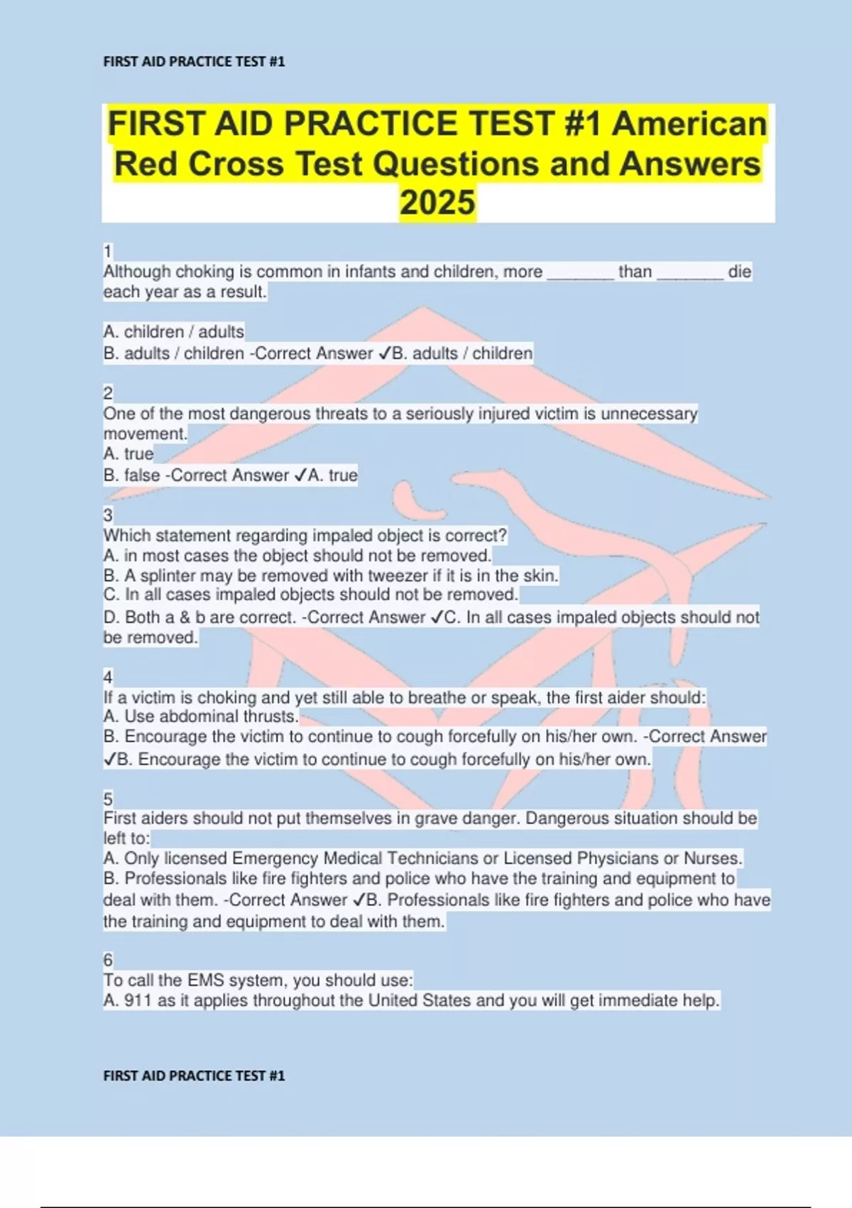 FIRST AID PRACTICE TEST #1 American Red Cross Test Questions and ...