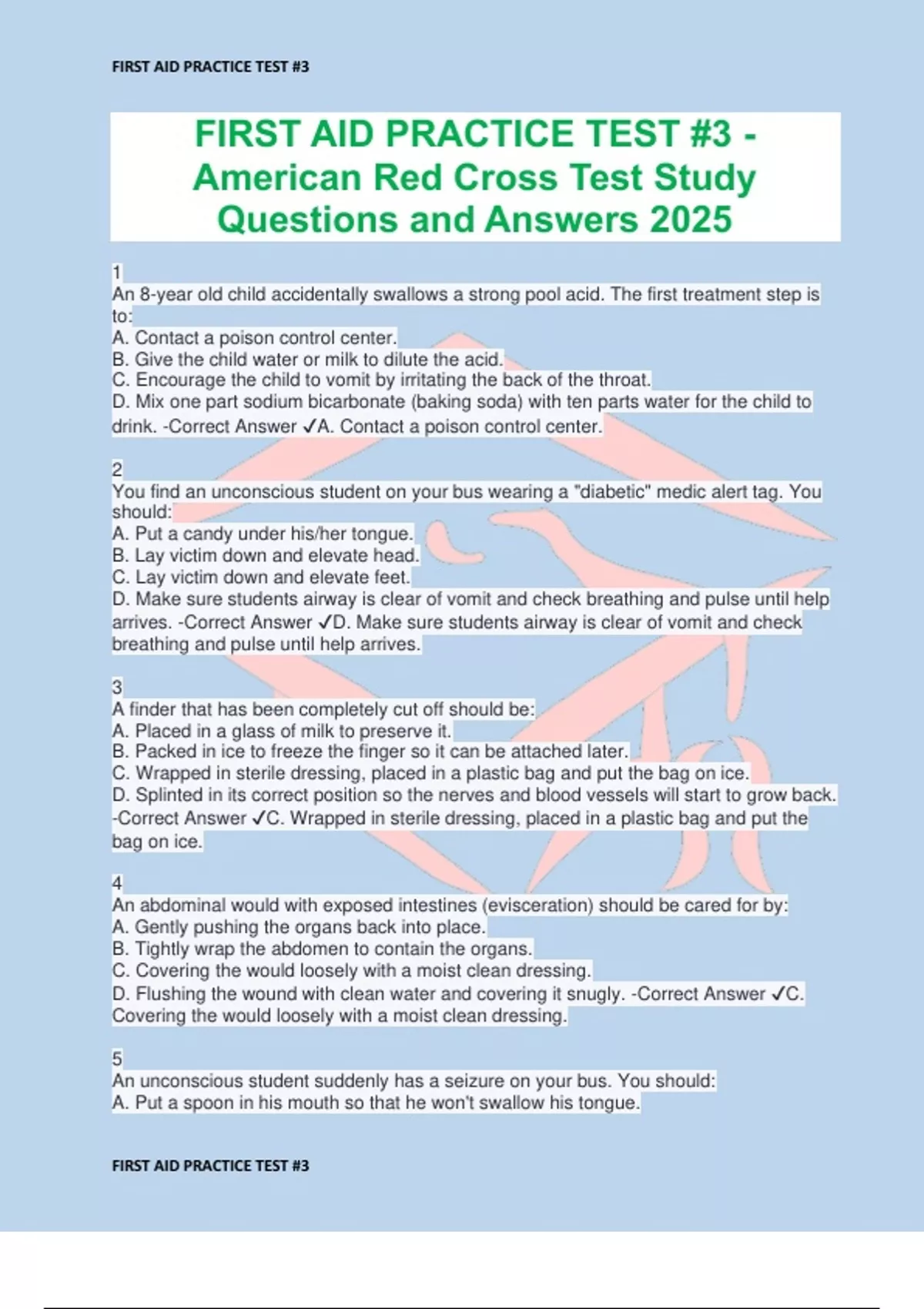 FIRST AID PRACTICE TEST #3 - American Red Cross Test Study Questions ...