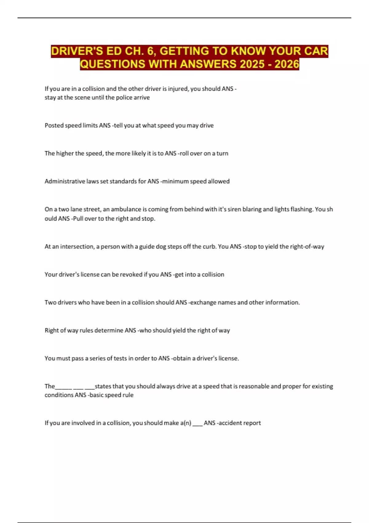 DRIVER'S ED CH. 6, GETTING TO KNOW YOUR CAR QUESTIONS WITH ANSWERS ...