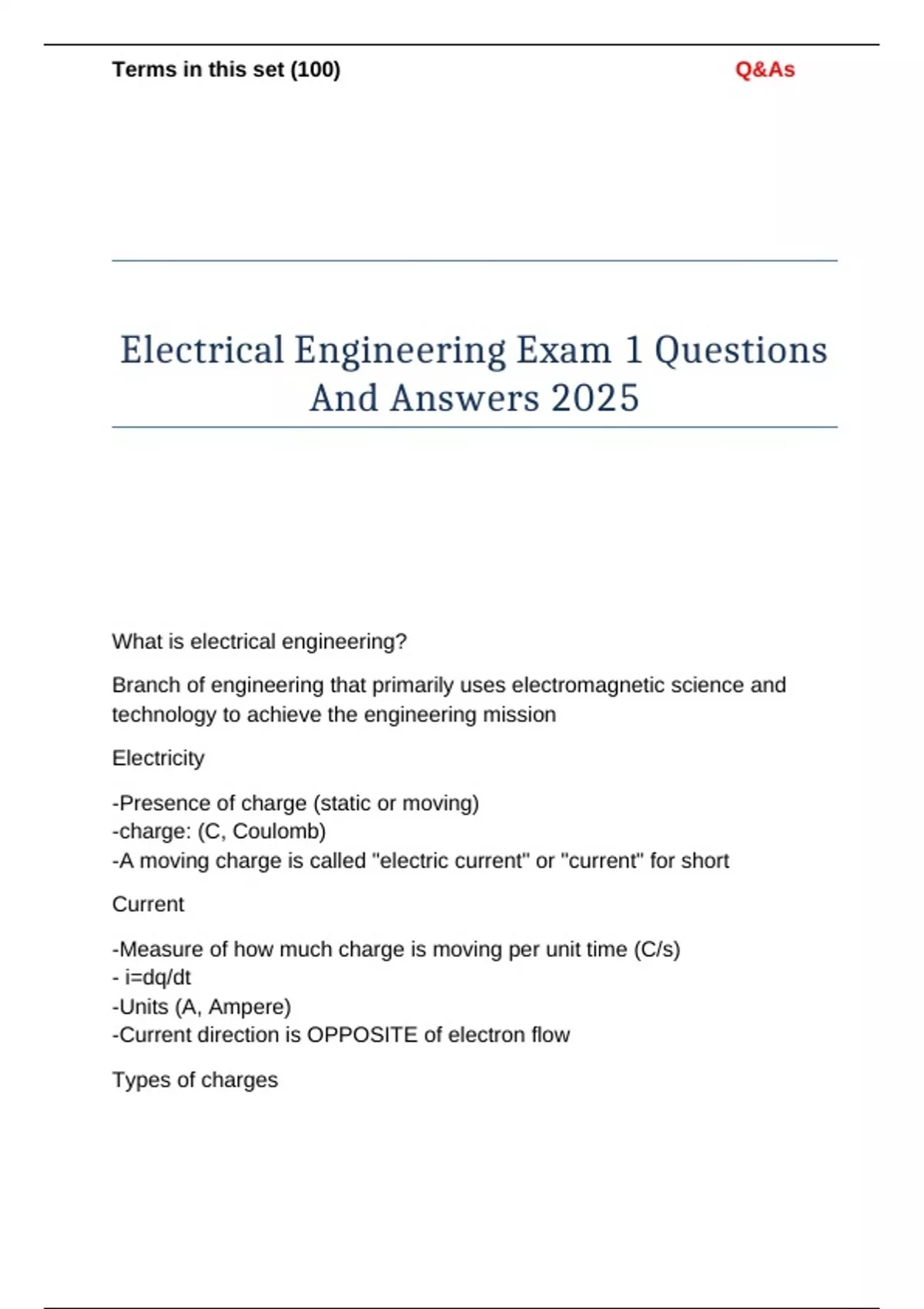 Electrical Engineering Exam 1 Questions And Answers 2025 - Electrical ...