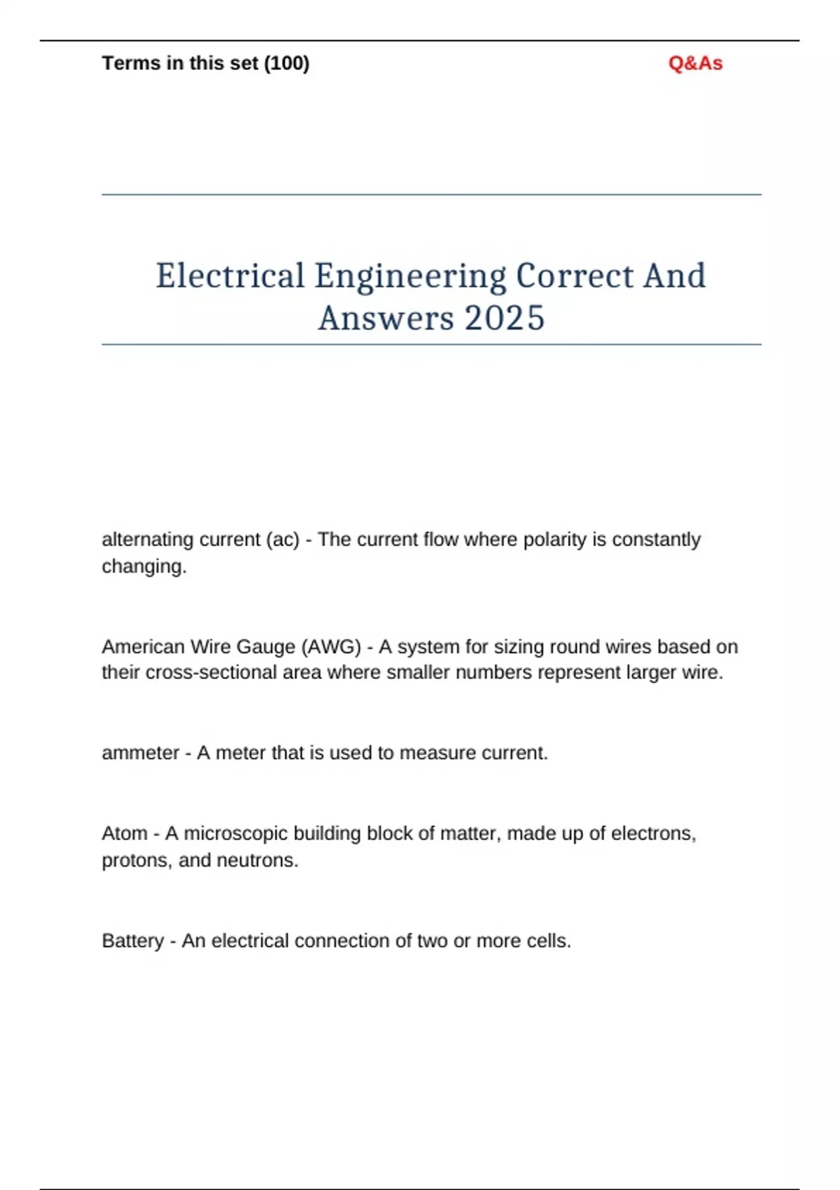 Electrical Engineering Correct And Answers 2025 - Electrical Engineering - Stuvia US