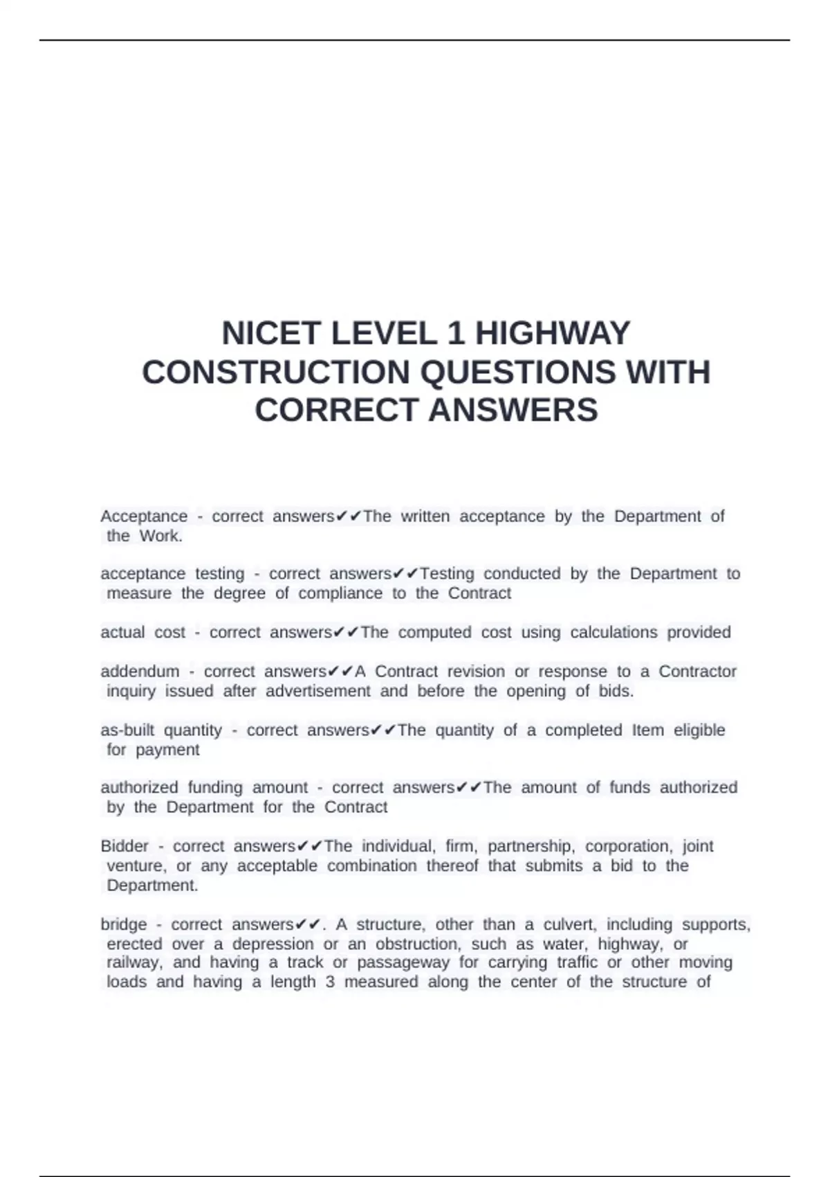 NICET LEVEL 1 HIGHWAY CONSTRUCTION QUESTIONS WITH CORRECT ANSWERS ...