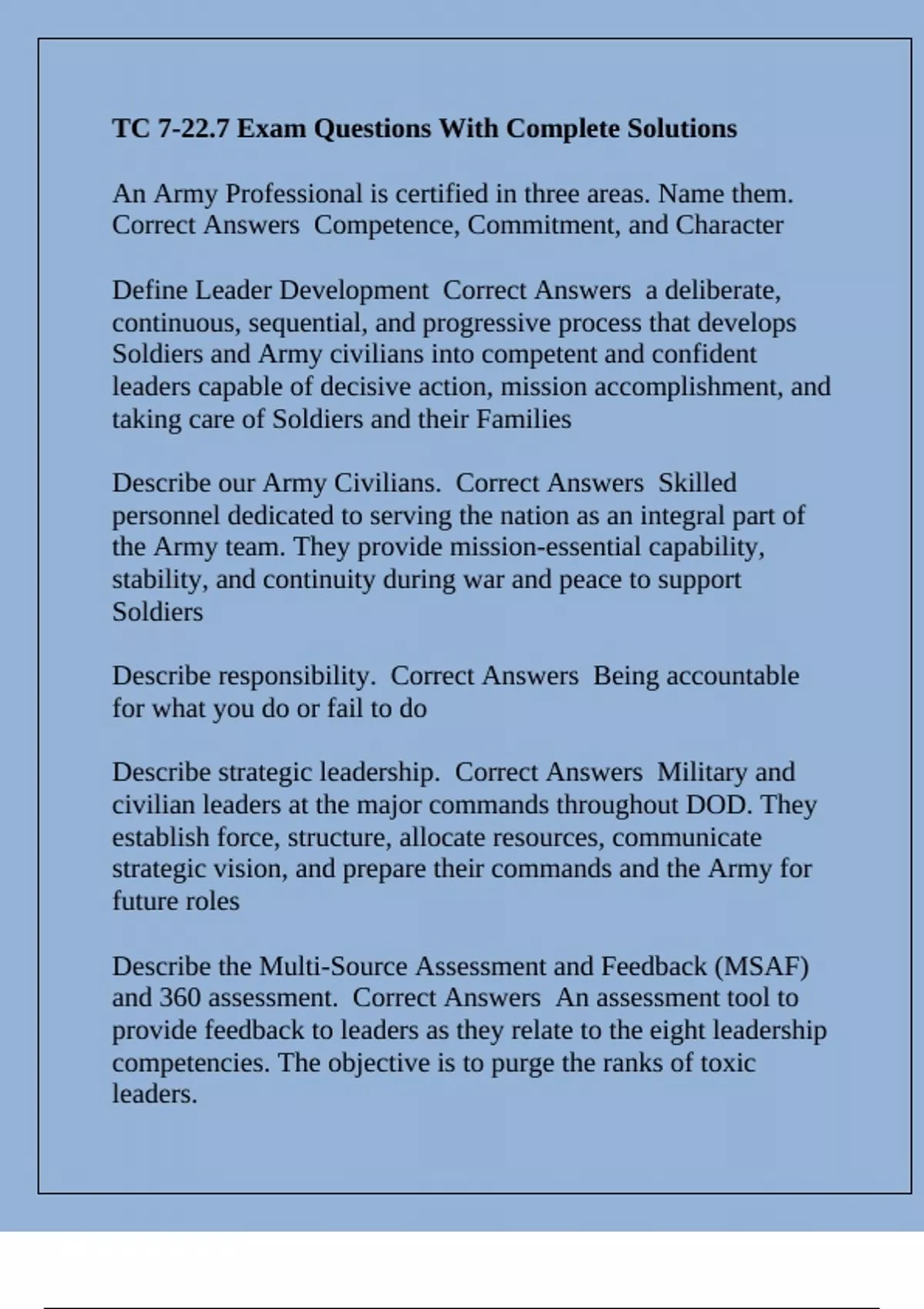 TC 7-22.7 Exam Questions With Complete Solutions - TC 7-22.7 - Stuvia US