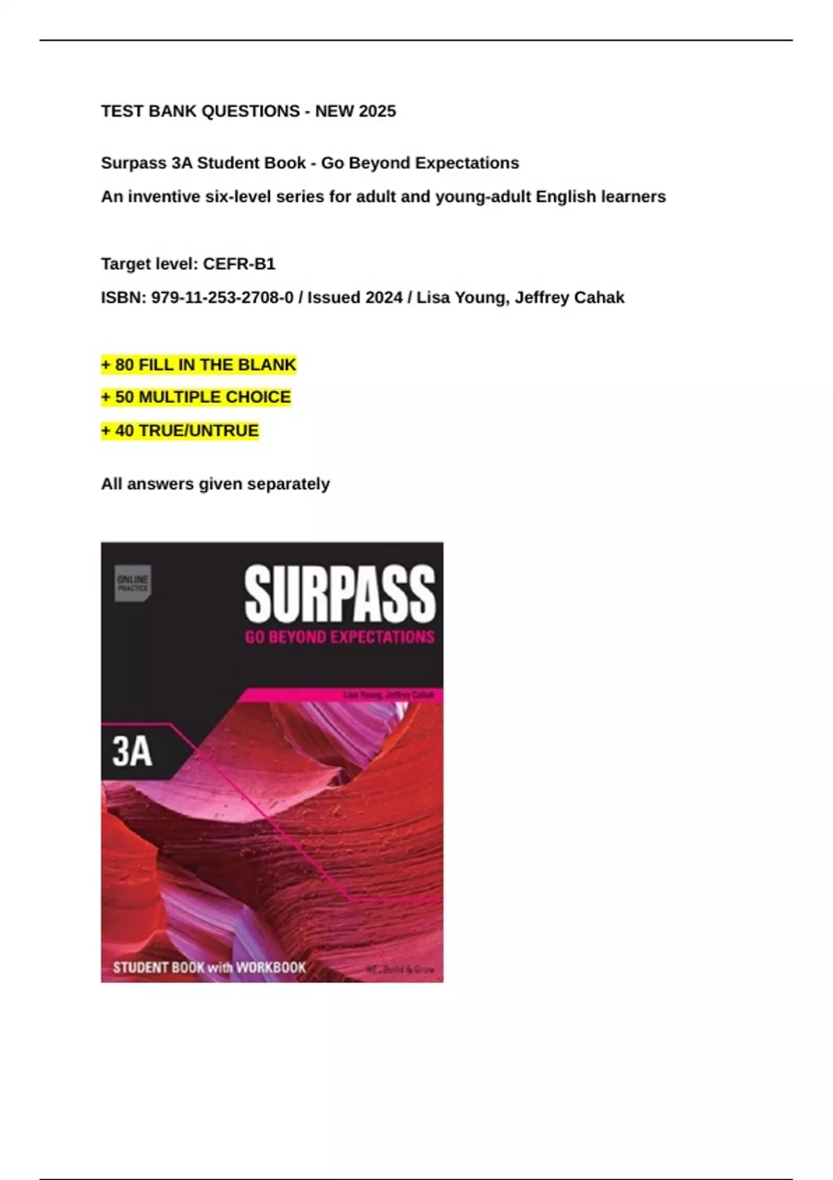 Surpass 3A Student Book Level CEFR-B1 English - Complete Test bank ...