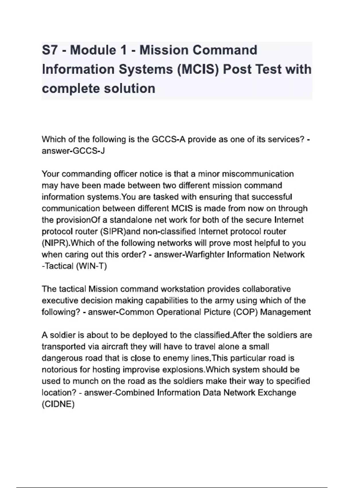 S7 - Module 1 - Mission Command Information Systems (MCIS) Post test ...