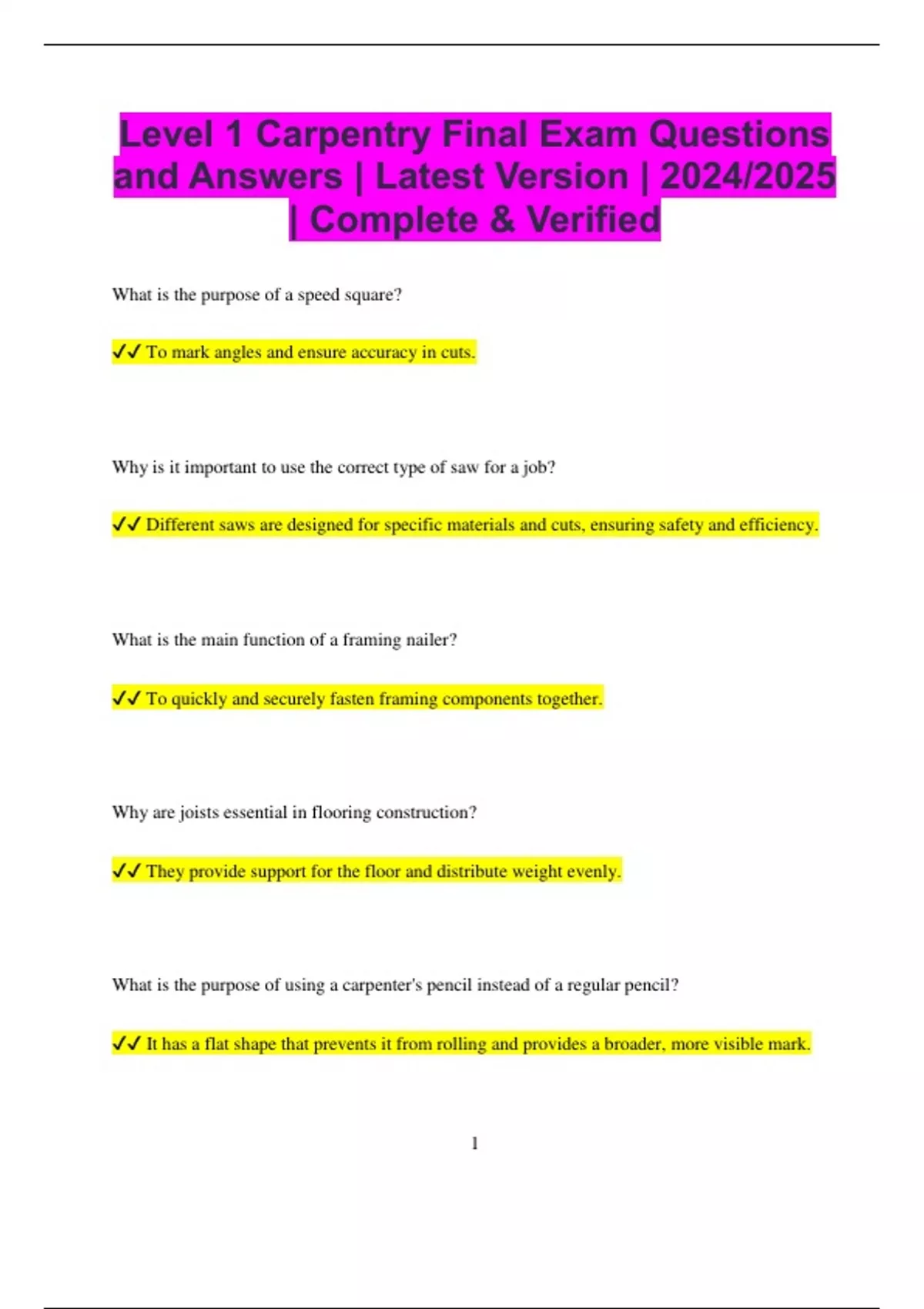 Level 1 Carpentry Final Exam Questions and Answers | Latest Version ...