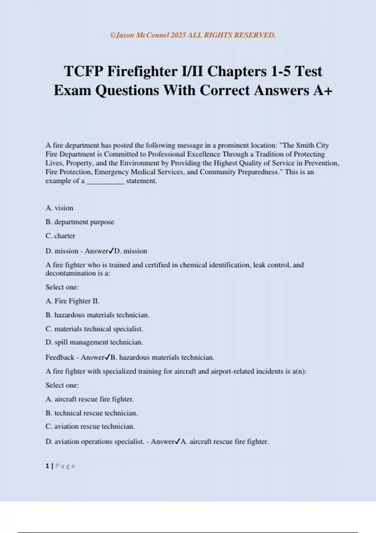 TCFP Firefighter I/II Chapters 1-5 Test Exam Questions With Correct ...