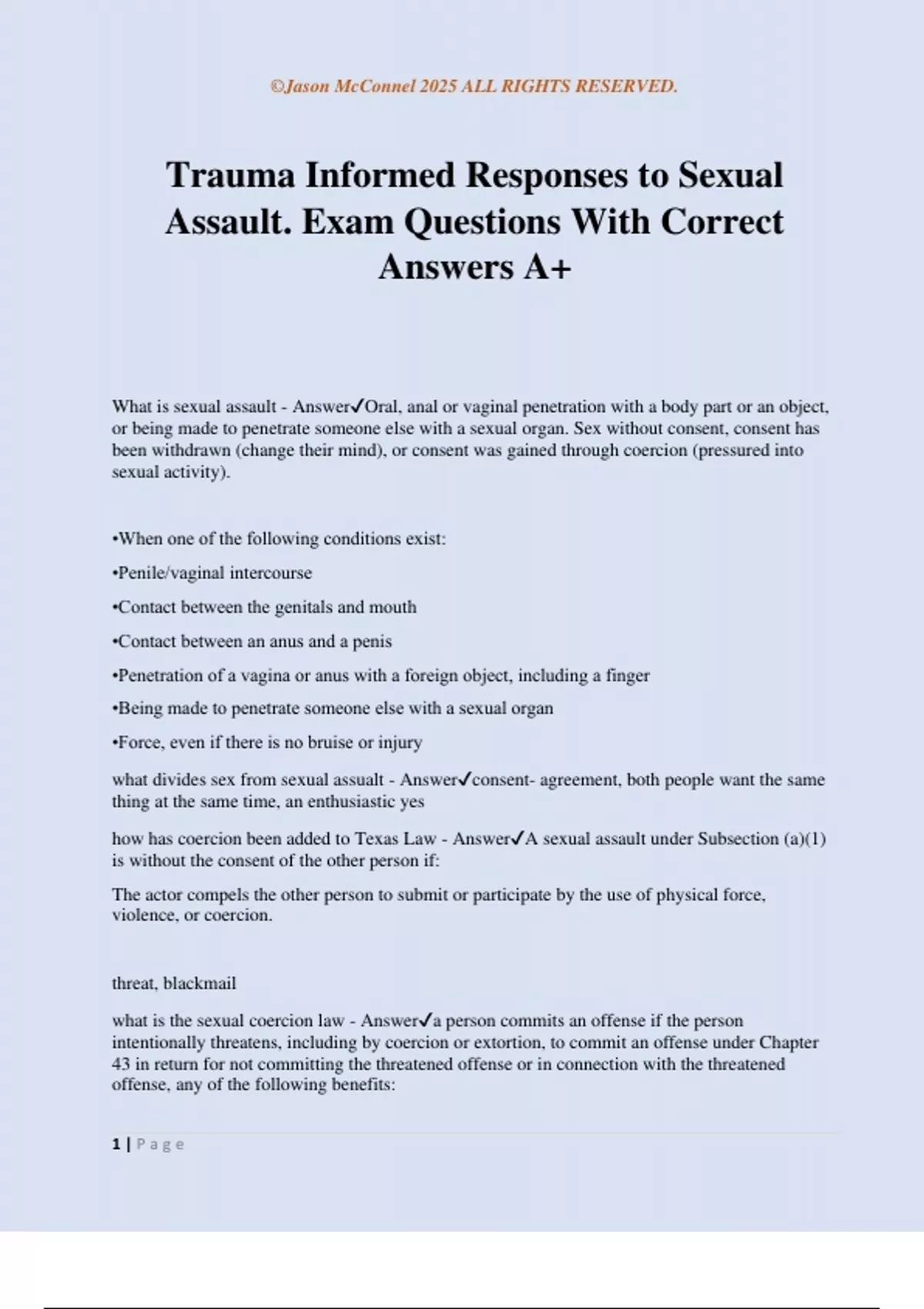 Trauma Informed Responses to Sexual Assault. Exam Questions With ...