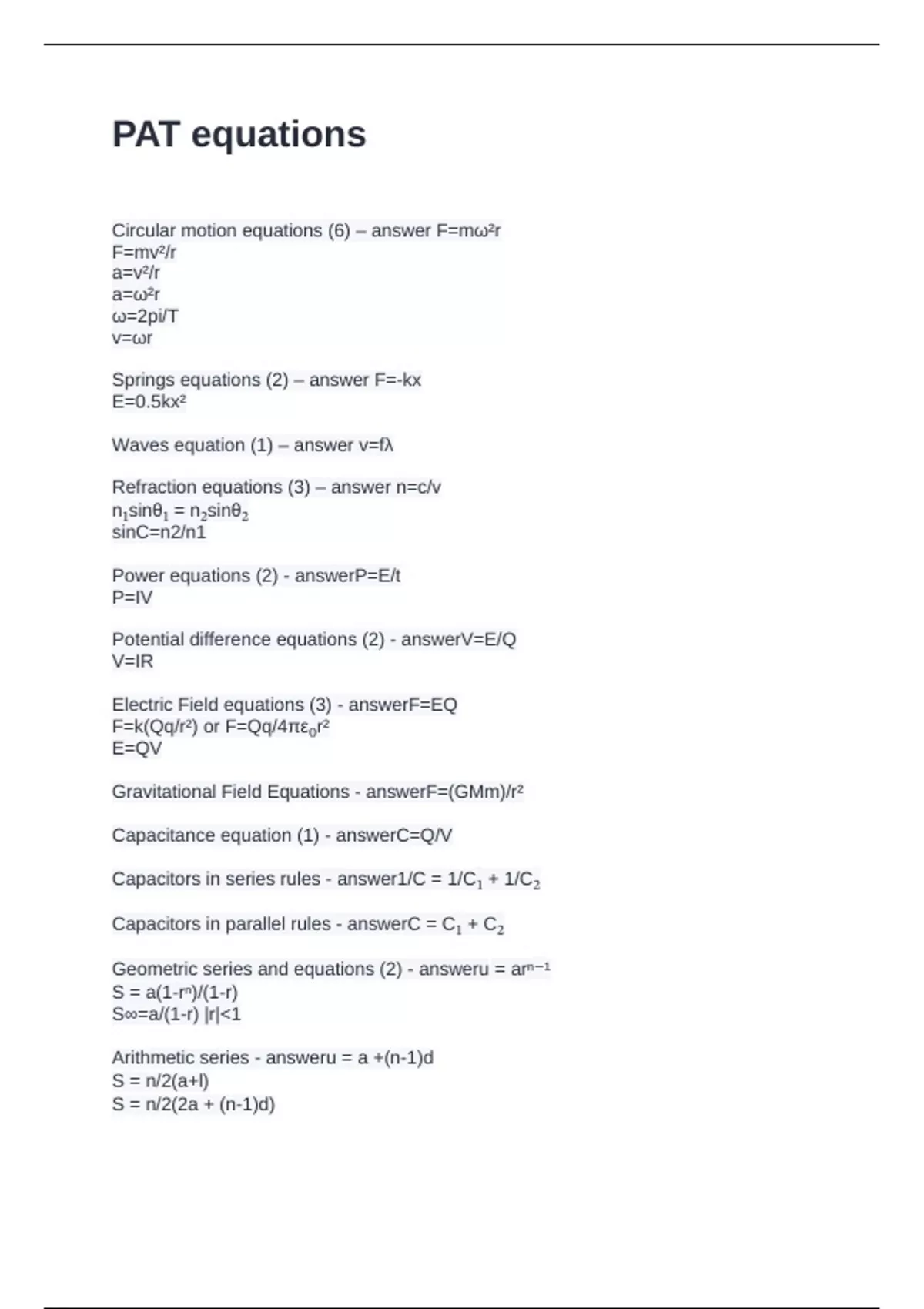PAT equations Questions and Answers 2025 - PAT - Stuvia US