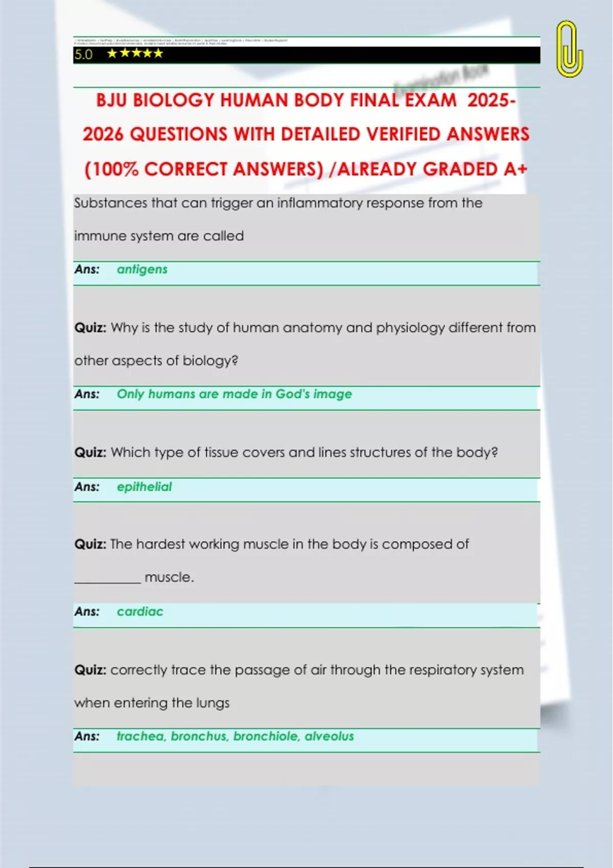 BJU BIOLOGY HUMAN BODY FINAL EXAM QUESTIONS WITH DETAILED VERIFIED ...