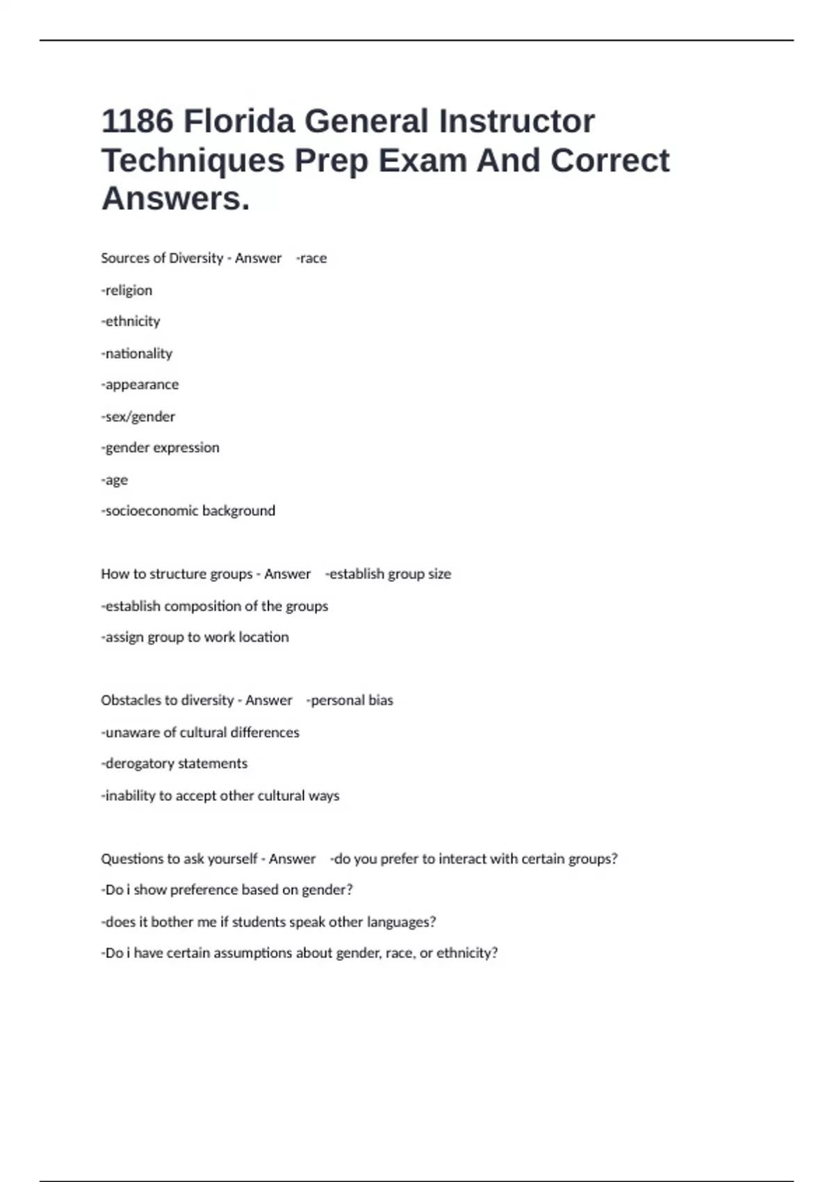 1186 Florida General Instructor Techniques Prep Exam And Correct ...