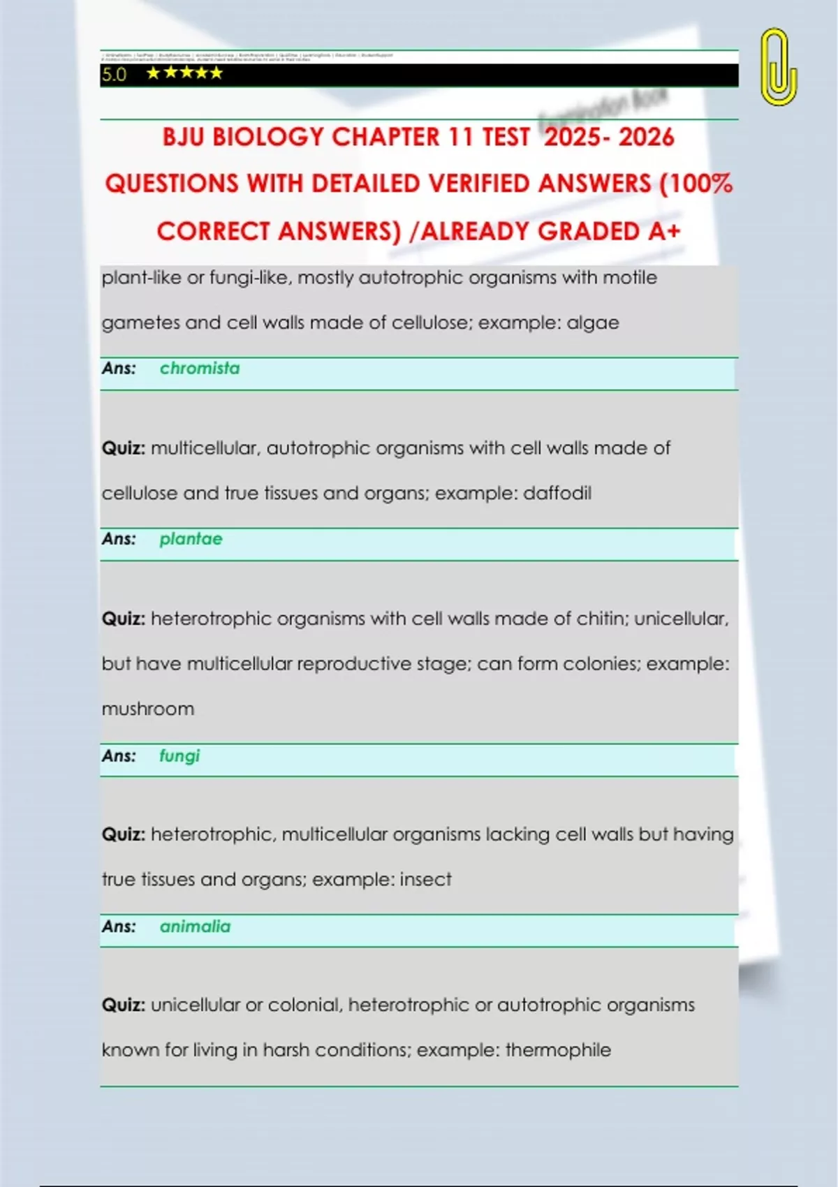 BJU BIOLOGY CHAPTER 11 TEST QUESTIONS WITH DETAILED VERIFIED ANSWERS ...