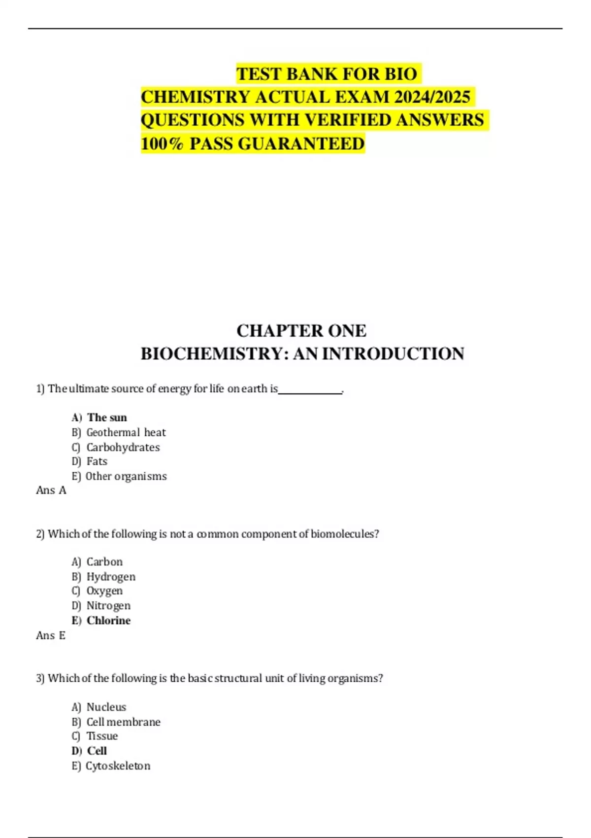 TEST BANK FOR BIO CHEMISTRY ACTUAL EXAM 2024/2025 QUESTIONS WITH ...