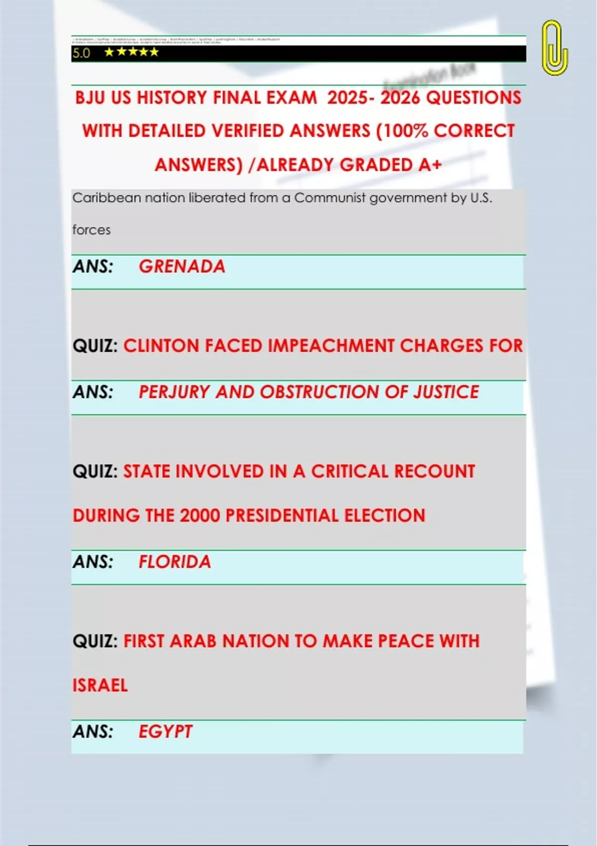 BJU US HISTORY FINAL EXAM QUESTIONS WITH DETAILED VERIFIED ANSWERS (100 ...