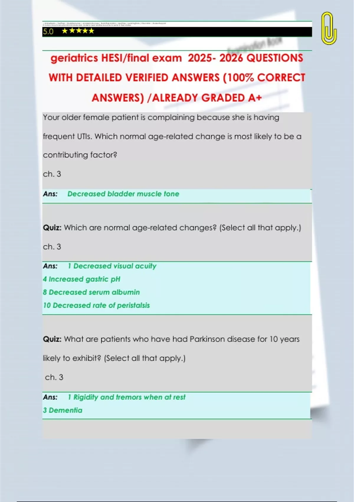 geriatrics HESI/final exam QUESTIONS WITH DETAILED VERIFIED ANSWERS ...