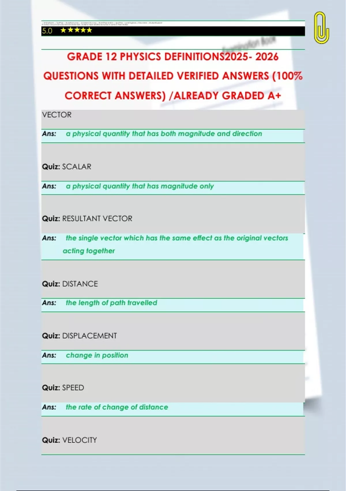 GRADE 12 PHYSICS DEFINITIONS QUESTIONS WITH DETAILED VERIFIED ANSWERS (100% CORRECT ANSWERS ...