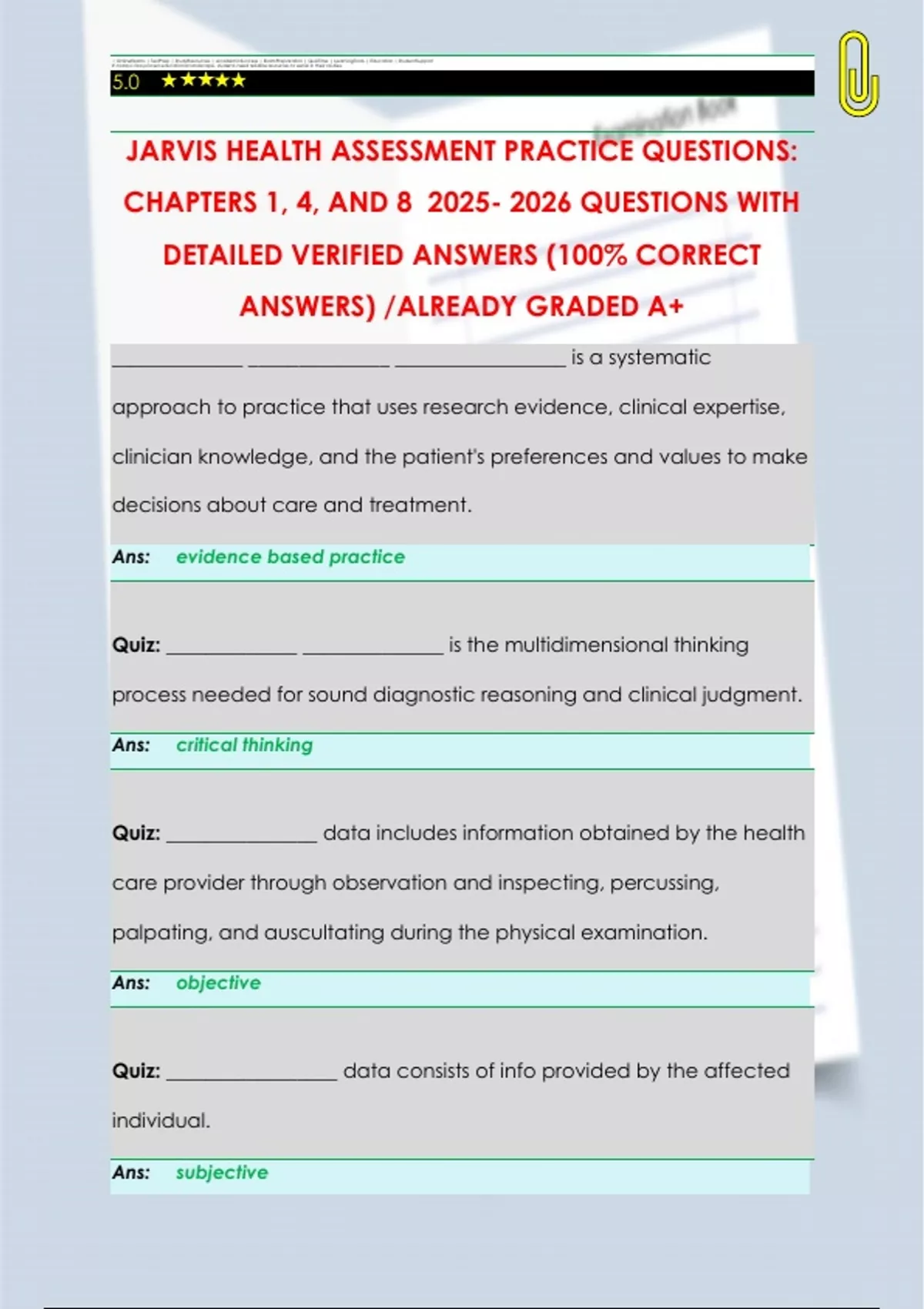 JARVIS HEALTH ASSESSMENT PRACTICE QUESTIONS: CHAPTERS 1, 4, AND ...