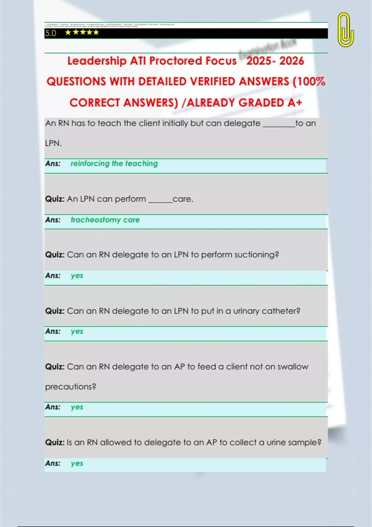 Leadership ATI Proctored Focus QUESTIONS WITH DETAILED VERIFIED ANSWERS (100% CORRECT ANSWERS ...