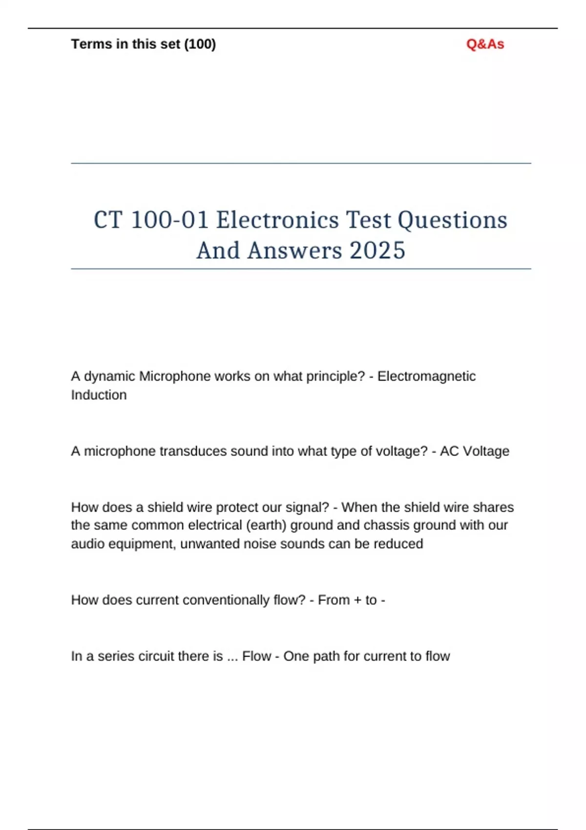 CT 100-01 Electronics Test Questions And Answers 2025 - Electronics ...