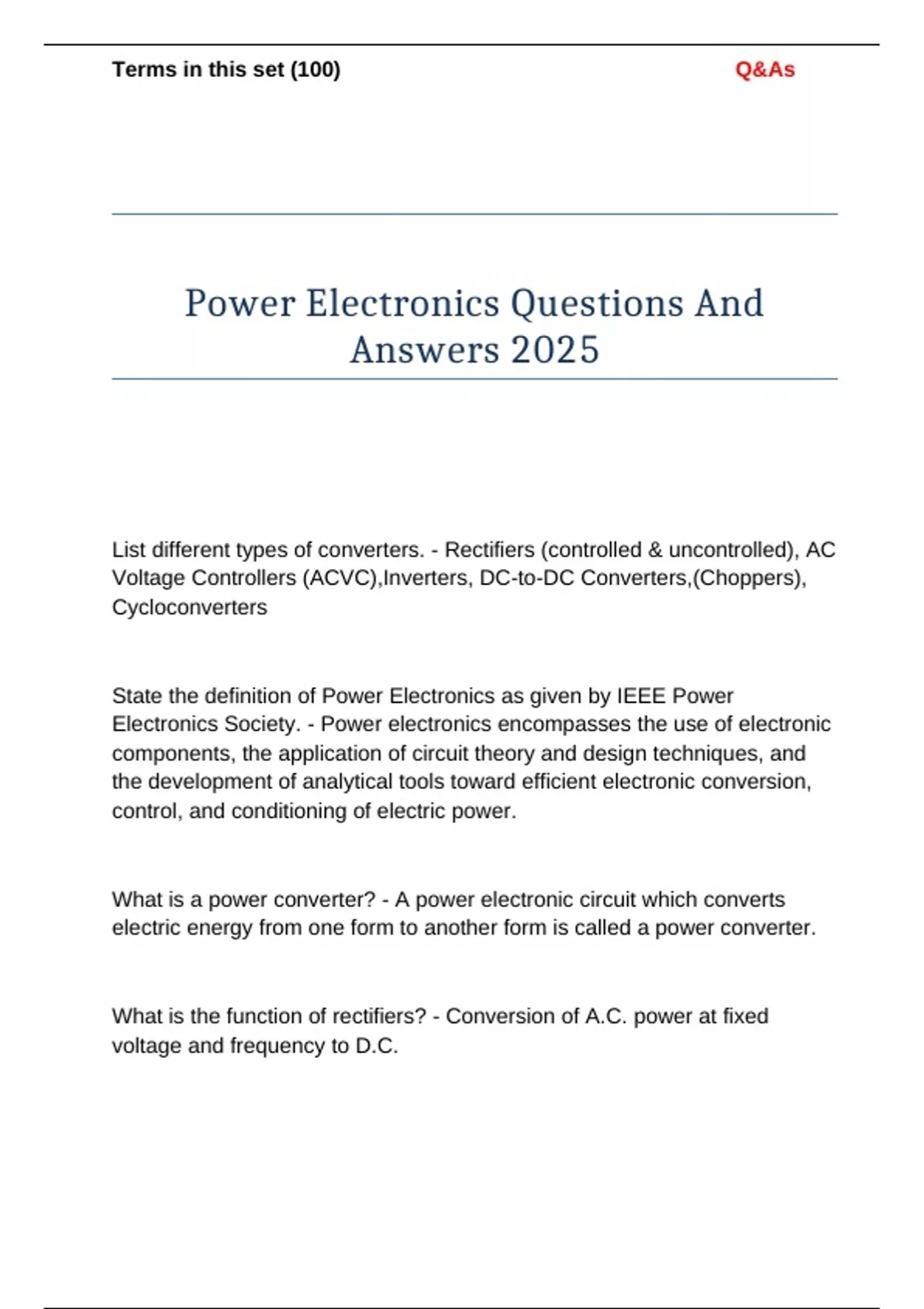 Power Electronics Questions And Answers 2025 - Electronics Engineering - Stuvia US