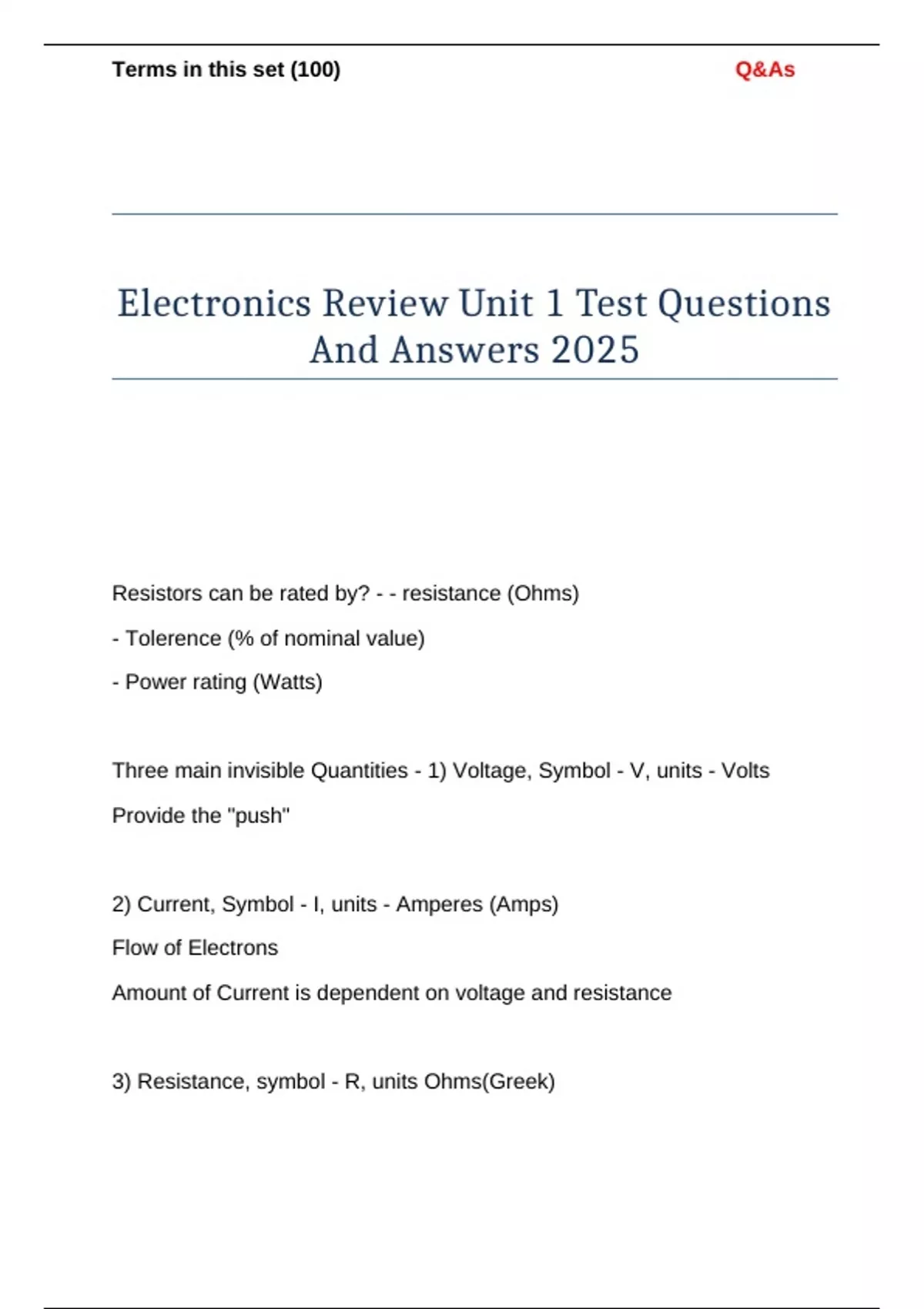 Electronics Review Unit 1 Test Questions And Answers 2025 - Electronics ...