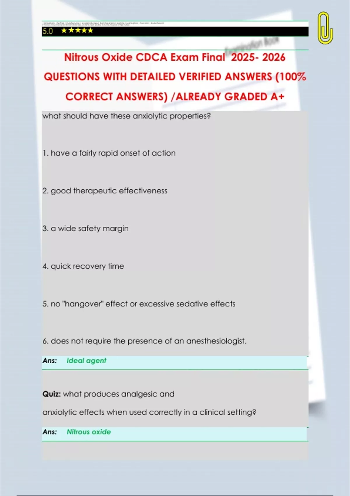 Nitrous Oxide CDCA Exam Final QUESTIONS WITH DETAILED VERIFIED ANSWERS ...