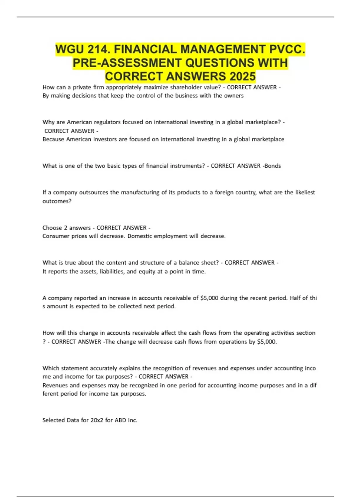 WGU 214. FINANCIAL MANAGEMENT PVCC. PRE-ASSESSMENT QUESTIONS WITH ...