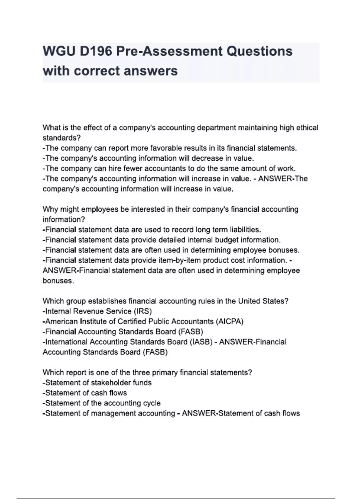 WGU D196 Pre-Assessment Questions with correct answers - Wgu - Stuvia US